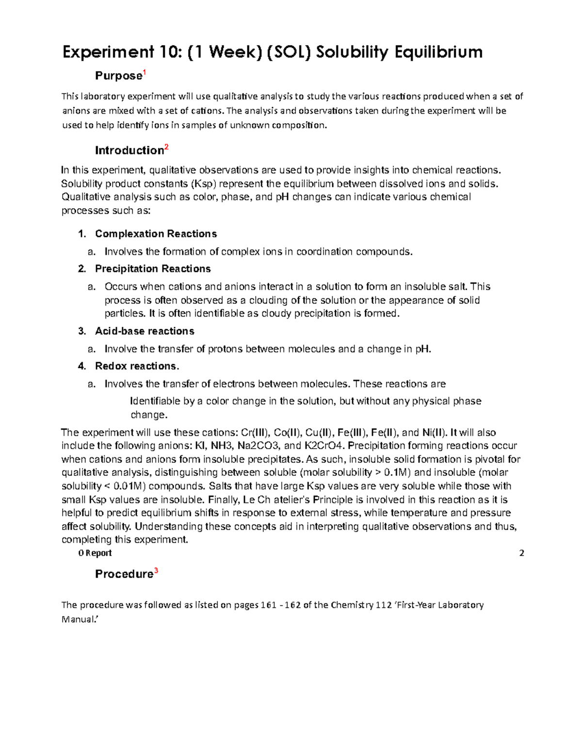 Solubility Equilibrium - Experiment 10: (1 Week) (SOL) Solubility ...