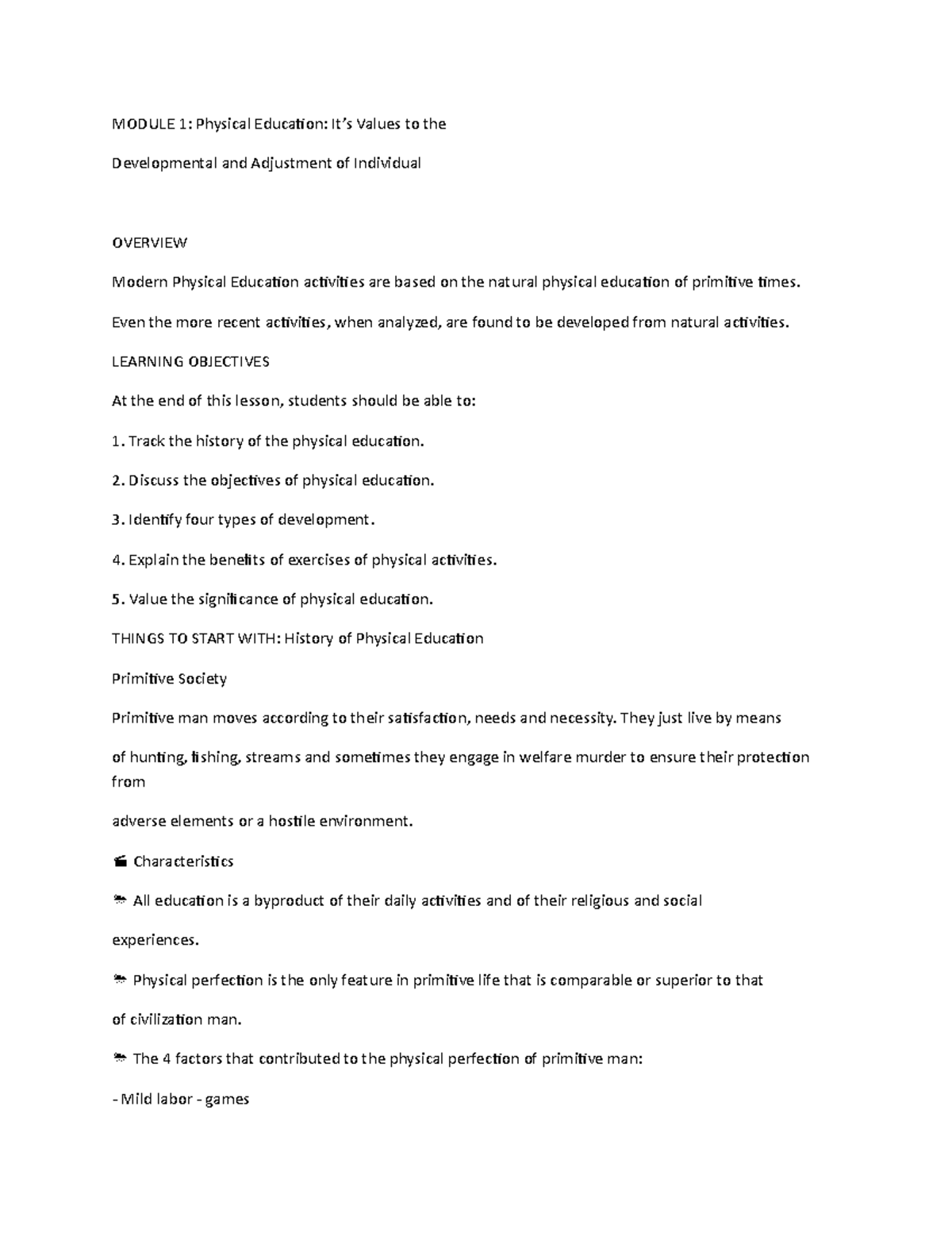 E4-PE lecture - P.E - MODULE 1: Physical Education: It’s Values to the ...