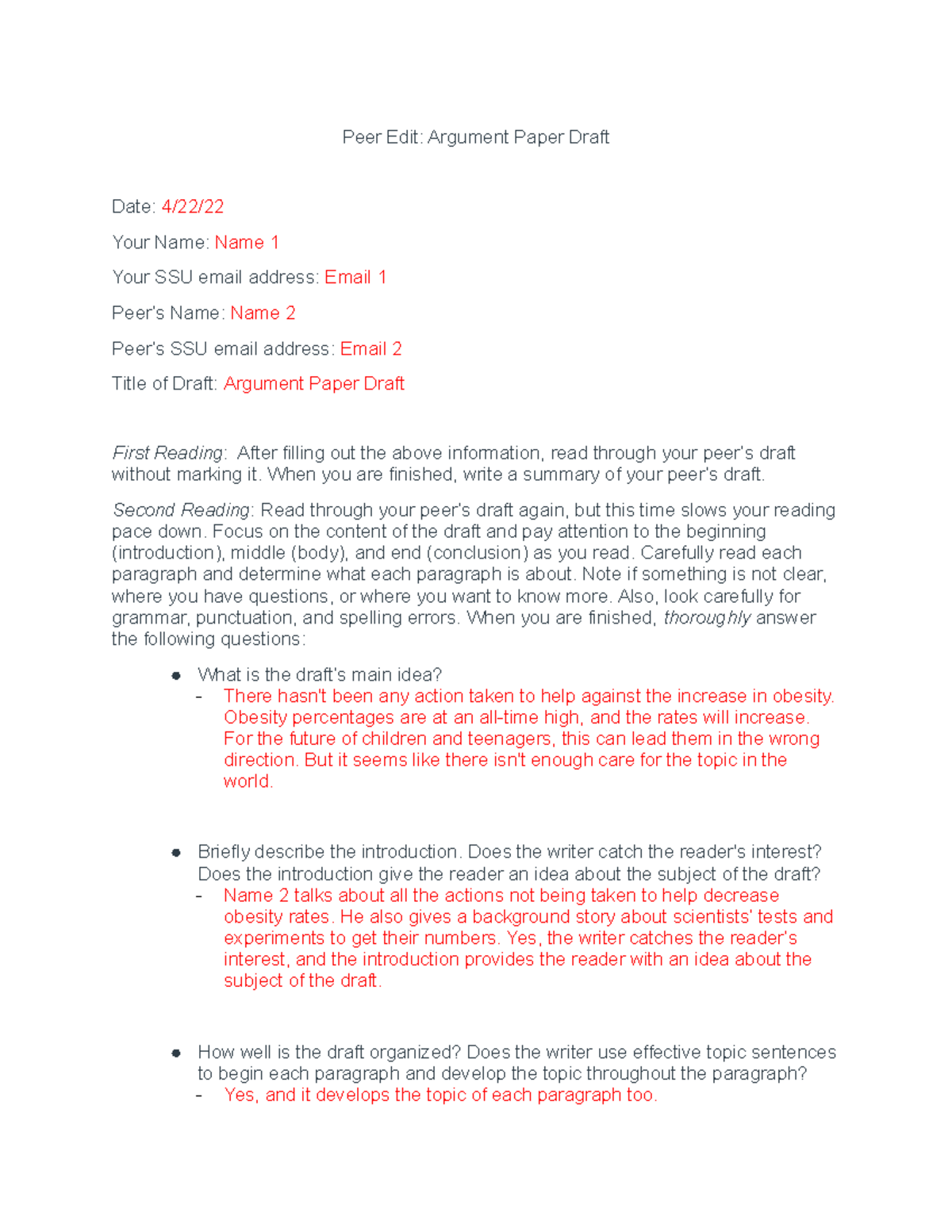 Obesity Peer Edit Argument Paper Draft Review - ENL 110 - Peer Edit ...