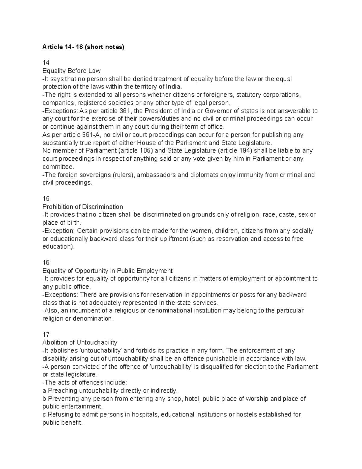 Article 14- 18 - notes for law students - Article 14- 18 (short notes ...