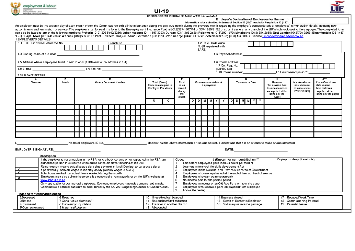 UI19 employers declarations - UI- 19 UNEMPLOYMENT INSURANCE Act 63 of ...