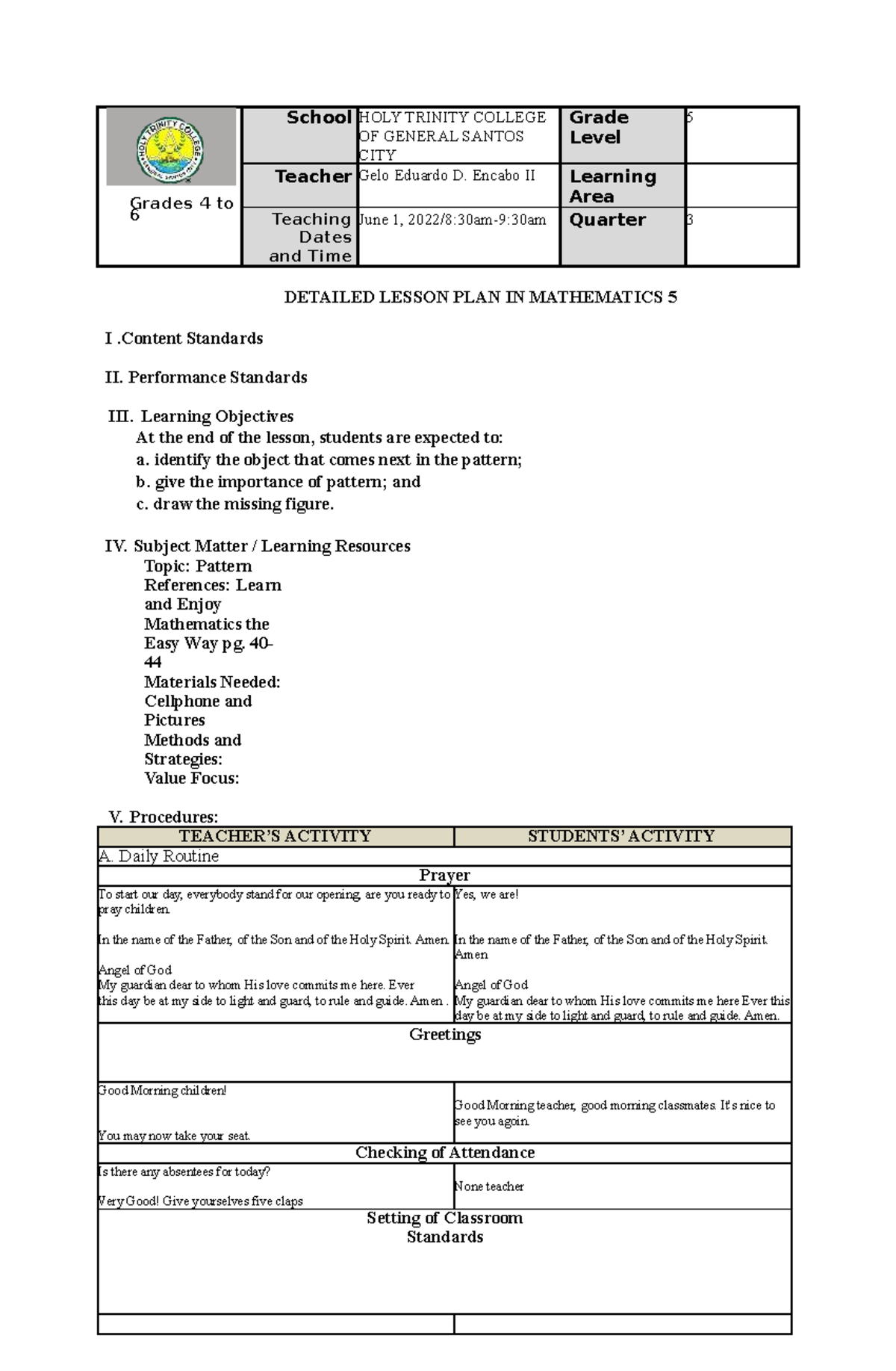 Detailed- Lesson-PLAN-IN- Mathematics 4-6 - Grades 4 to 6 School HOLY ...