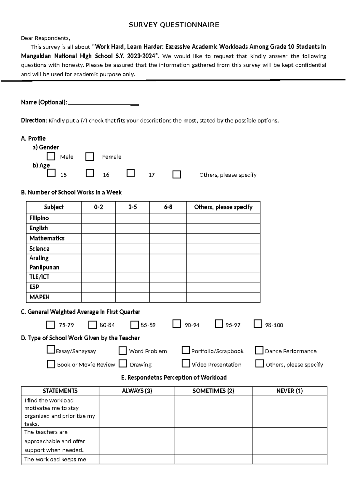 Questionnaire 2 - Yuh - SURVEY QUESTIONNAIRE Dear Respondents, This ...