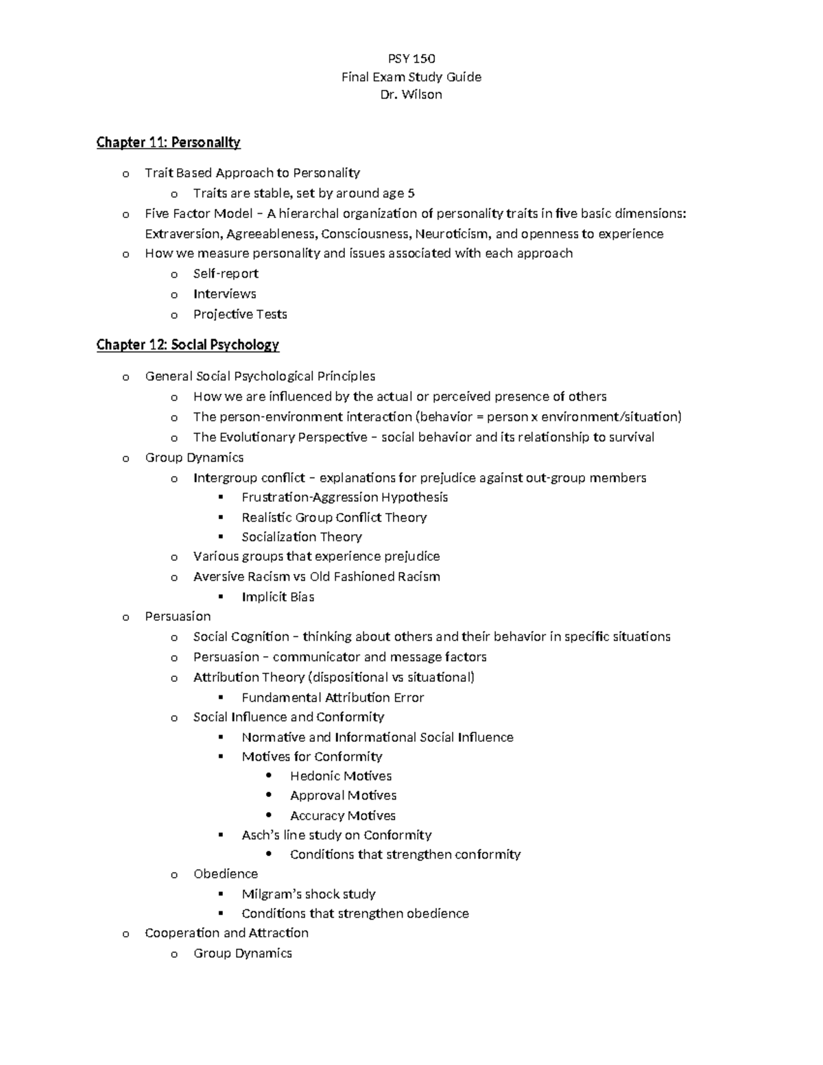 Final Exam Study Guide - Points that are kind of important to remember. - PSY 150 Final Exam ...