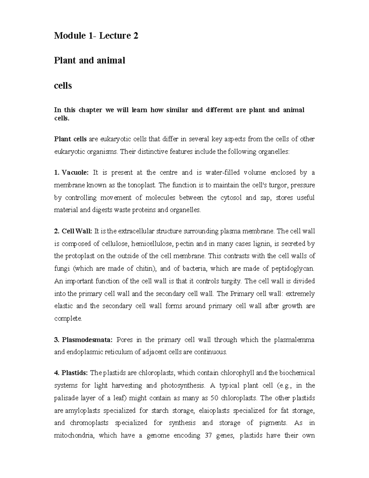 Plant and Animal cells - Module 1- Lecture 2 Plant and animal cells In ...