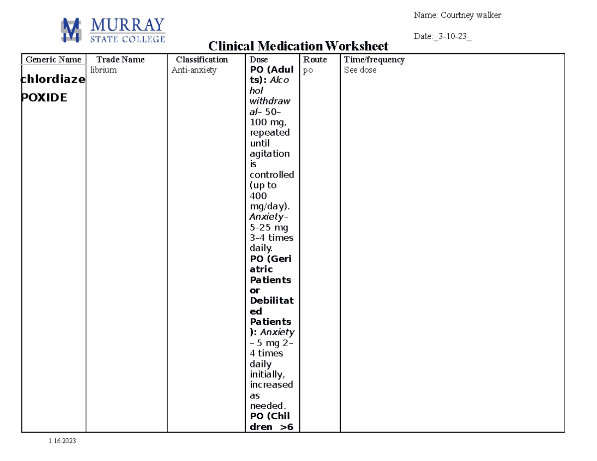 Med surg day 2 post med - cnlknc - Clinical Medication Worksheet ...