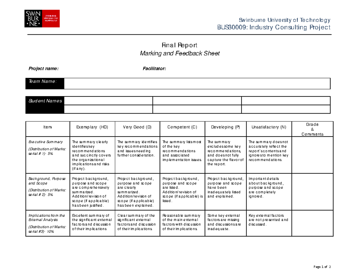 BUS30009 - Final Report Marking and Feedback Sheet - Swinburne ...