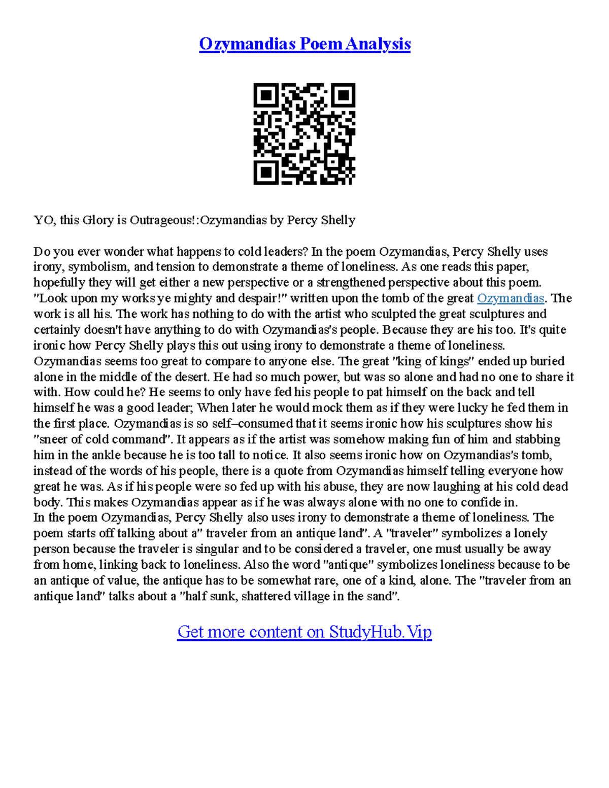 Ozymandias Analysis Essay - Ozymandias Poem Analysis YO, this Glory is ...