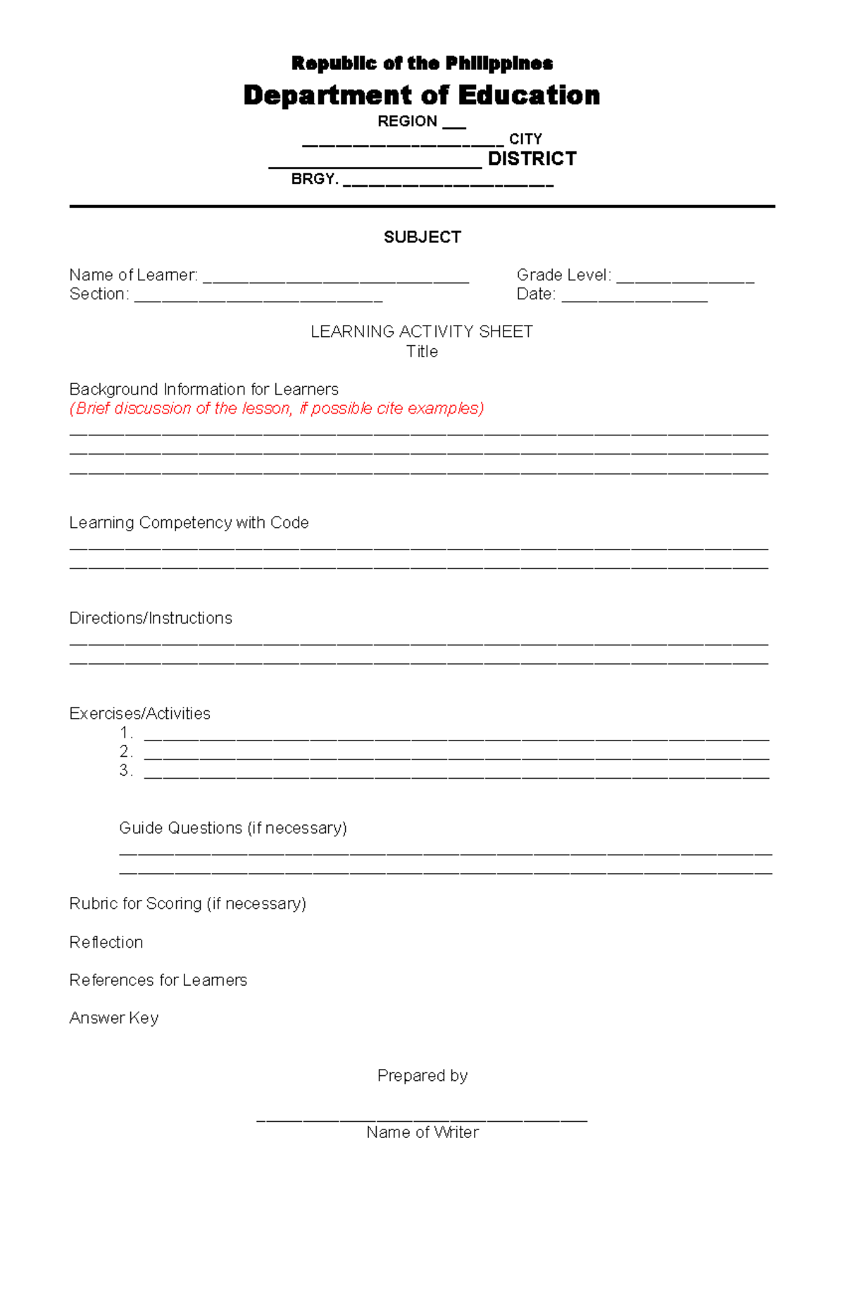 Learning Activity Sheet Template English - Republic of the Philippines ...