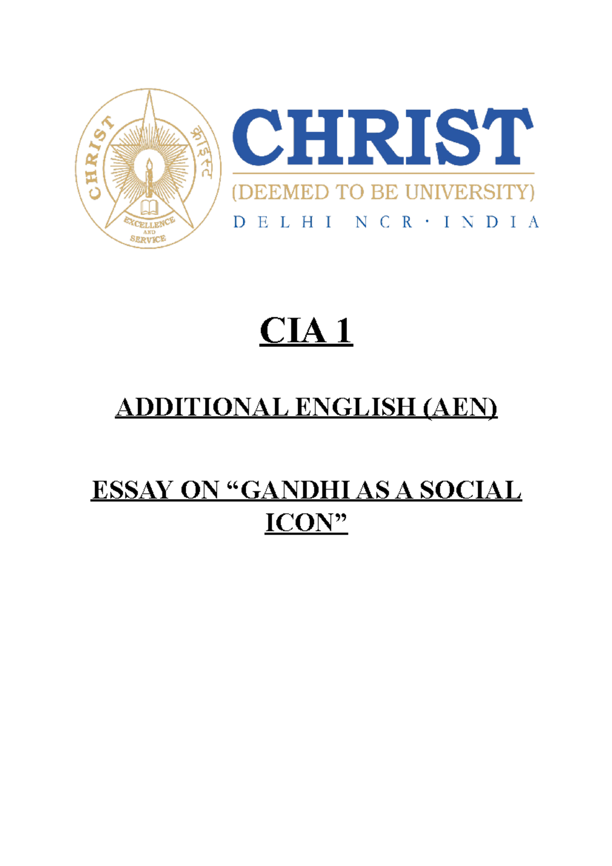 ADD ENG CIA 1 - c jc - CIA 1 ADDITIONAL ENGLISH (AEN) ESSAY ON “GANDHI ...