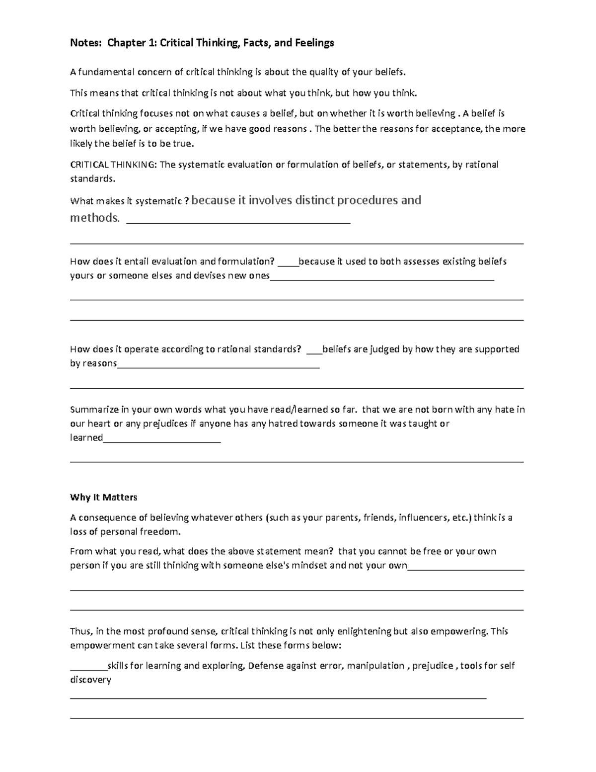 Notes Chapter 1 - critical thinking 054 - Notes: Chapter 1: Critical ...
