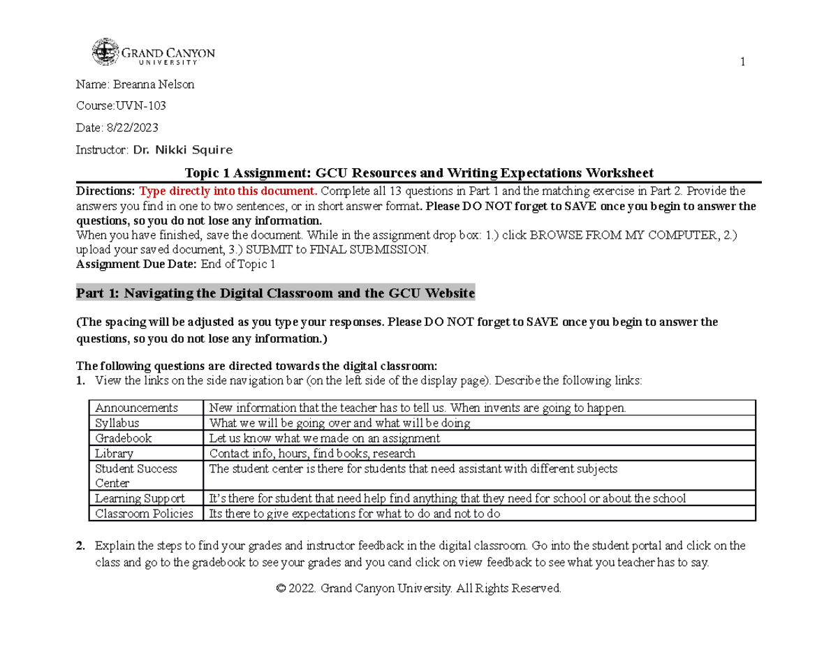 UNV-103-RS-T1-Resources Worksheet-Online - Name: Breanna Nelson Course ...