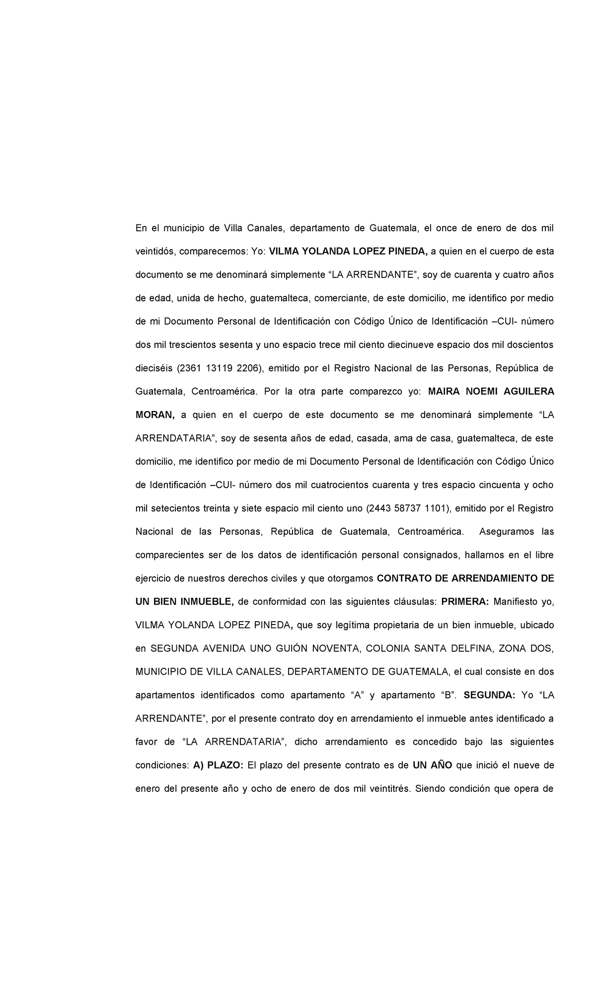 Arrendamiento Documento Privado doña vilma hecho por lidia - En el municipio de Villa Canales ...