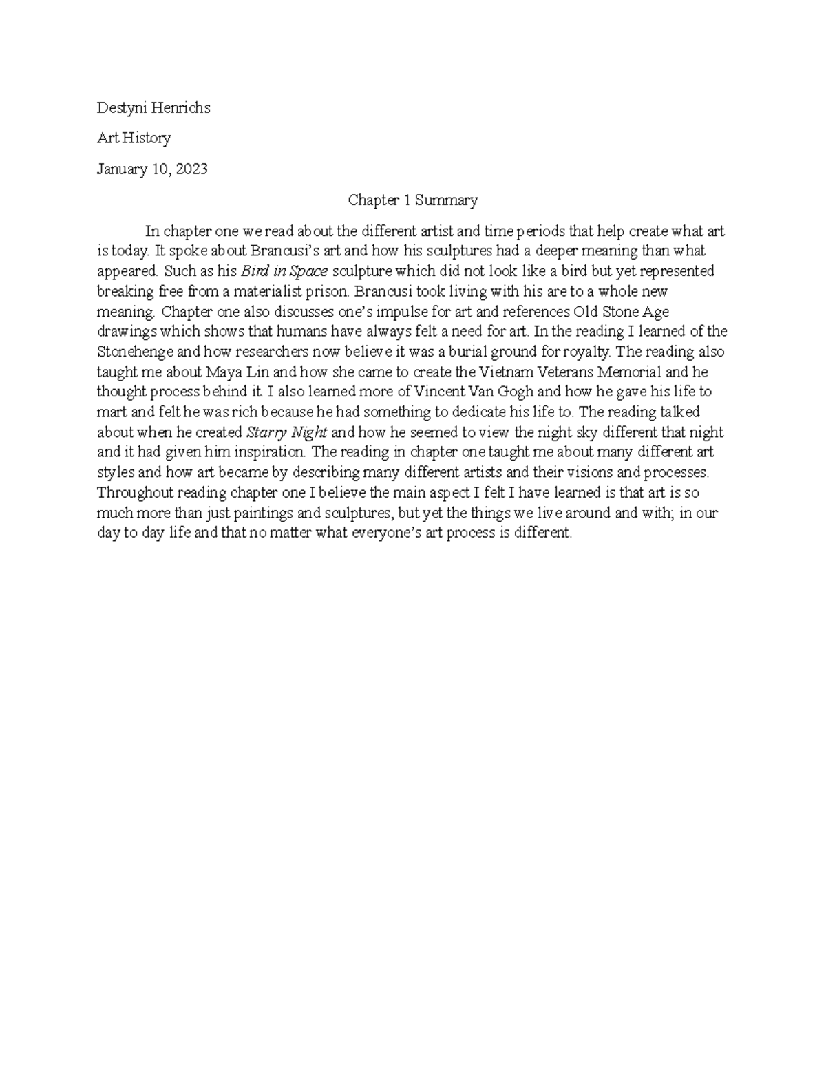 Chapter 1 Summary - Destyni Henrichs Art History January 10, 2023 ...