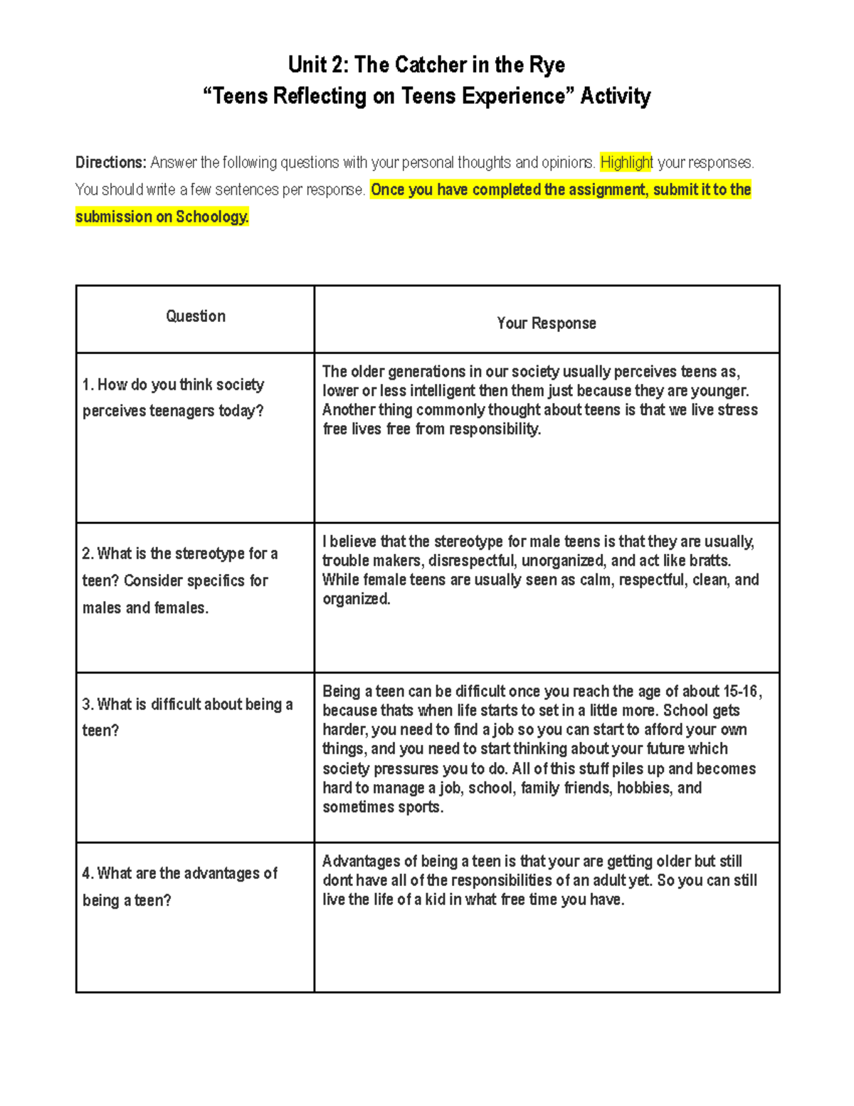 Copy of Teens Reflecting on Teens Experience - Unit 2: The Catcher in ...
