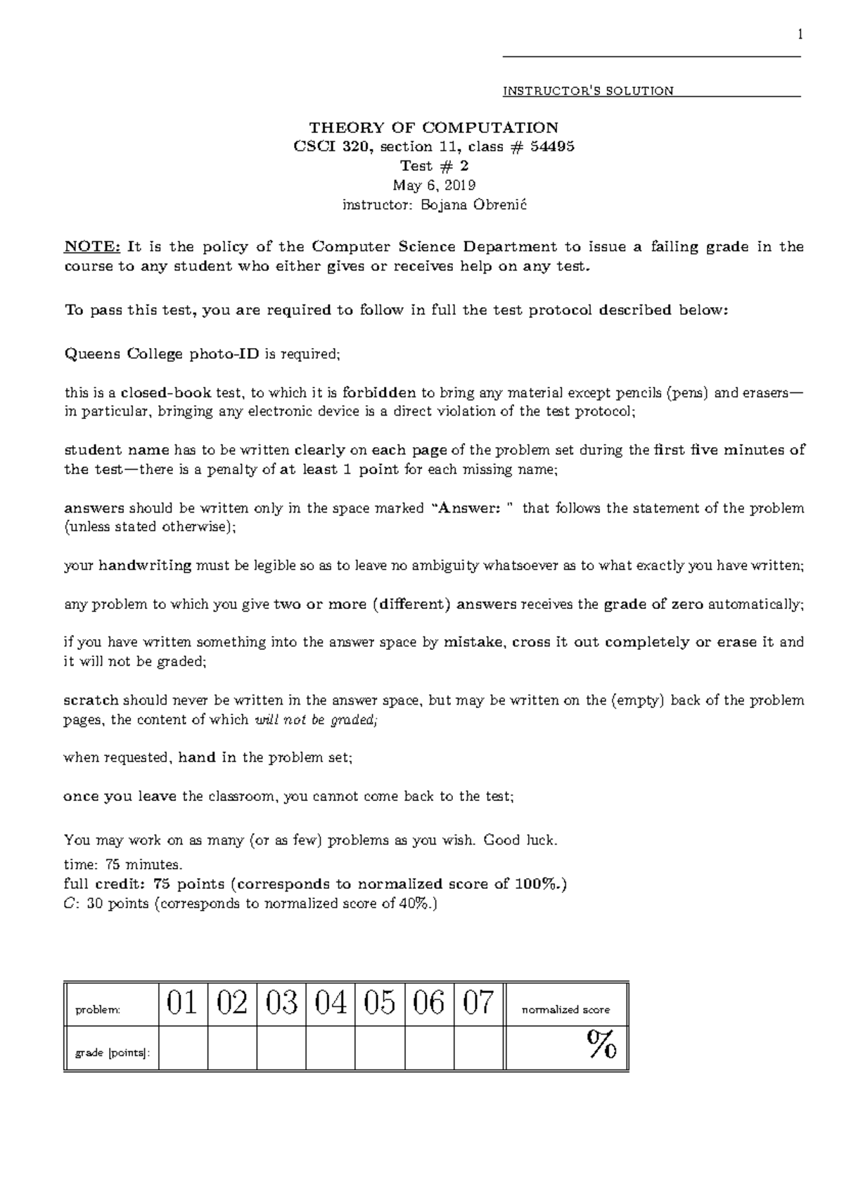 Old Exam 2 Solutions Instructors Solution Theory Of Computation Csci