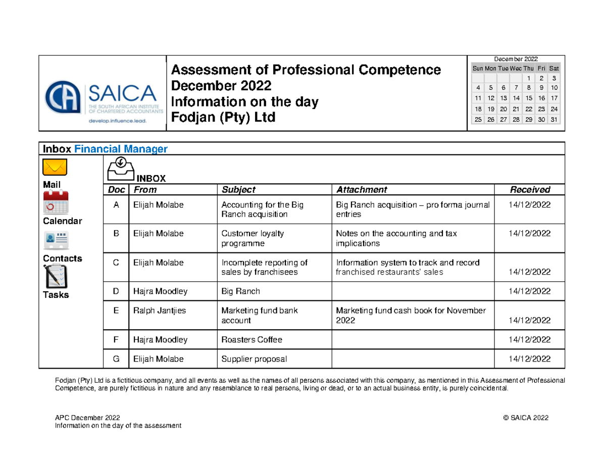APC December 2022 Information on the day - APC December 2022 © SAICA 20 ...