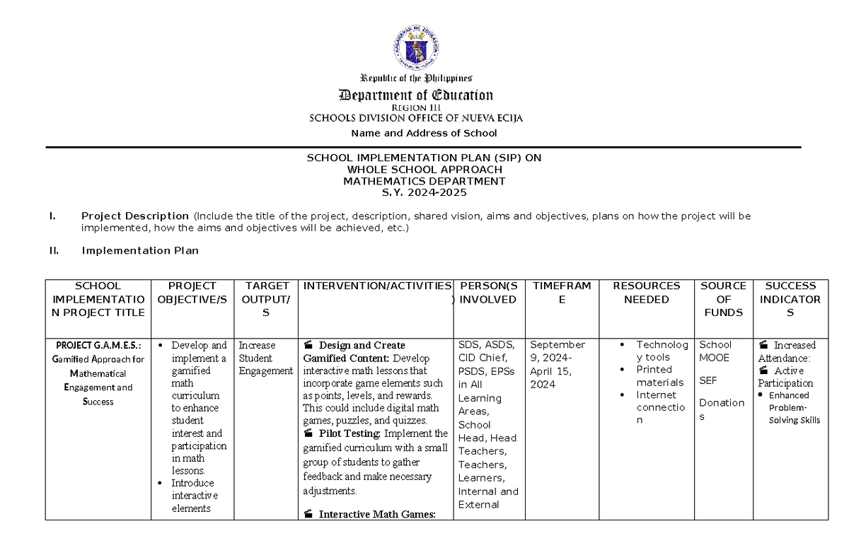 SIP ON WSA MATH - SIP - Name and Address of School SCHOOL ...