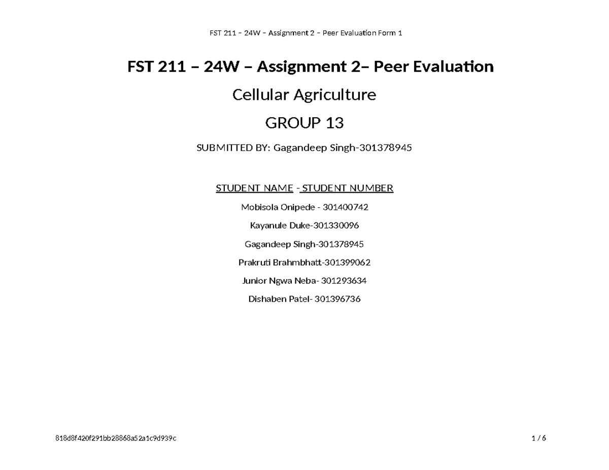 FST 211 – A3 – Group # – Peer Evaluation - FST 211 – 24W – Assignment 2 – Peer Evaluation ...