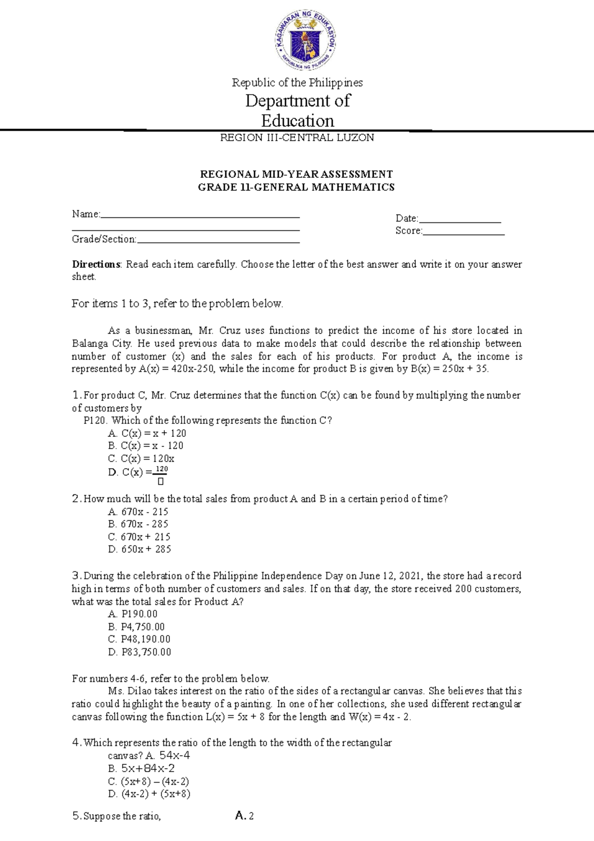 Gen-Math - Gen Math Notes - Republic of the Philippines Department of ...