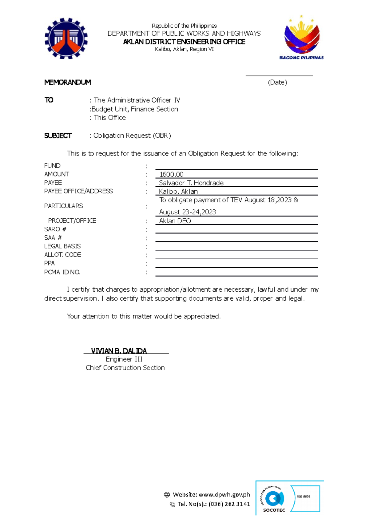 Memo obr - Obligation Request - Republic of the Philippines DEPARTMENT ...