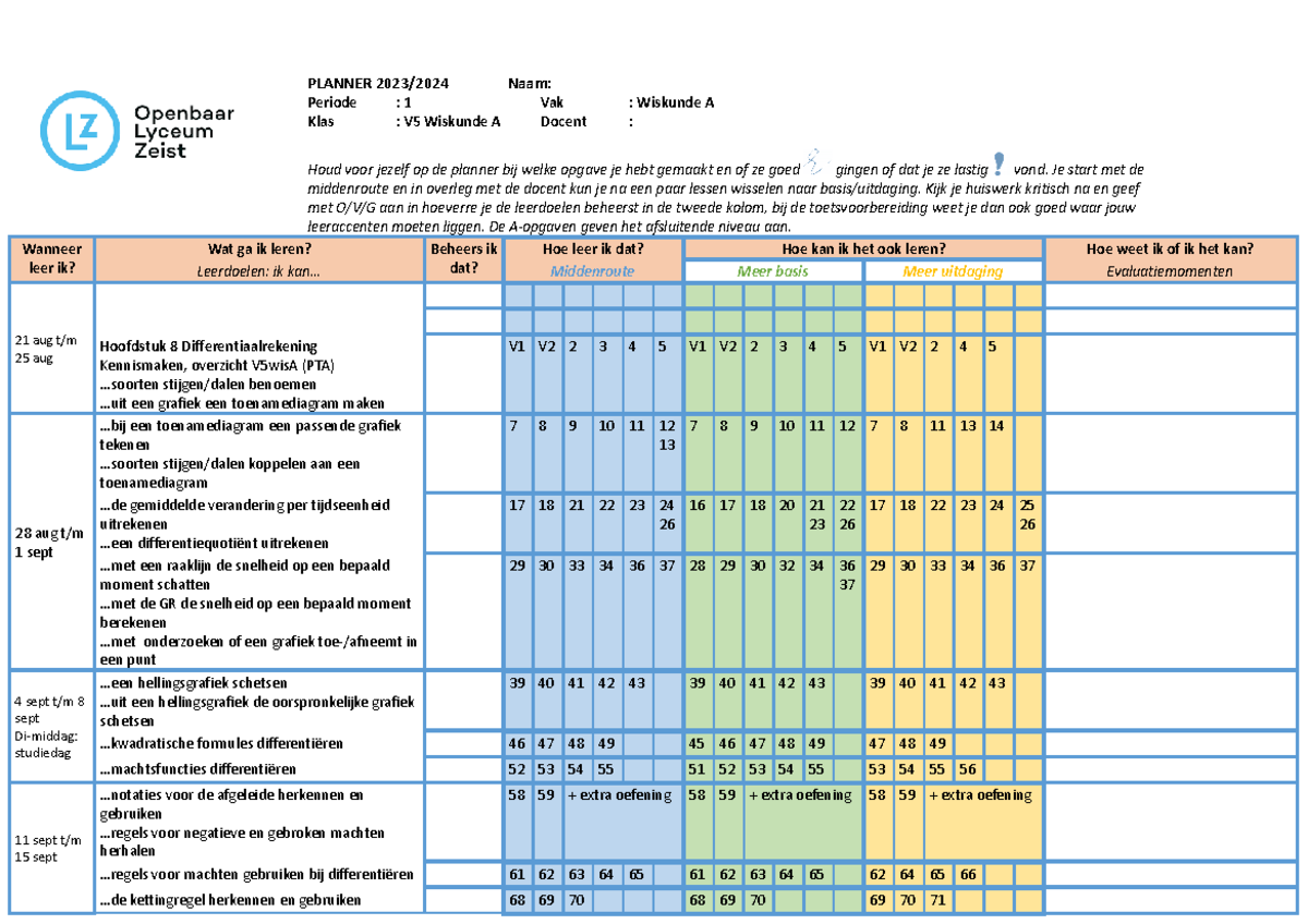 Planner V5 wis A 2324 P1234 - PLANNER 2023/2024 Naam: Periode Klas : 1 ...
