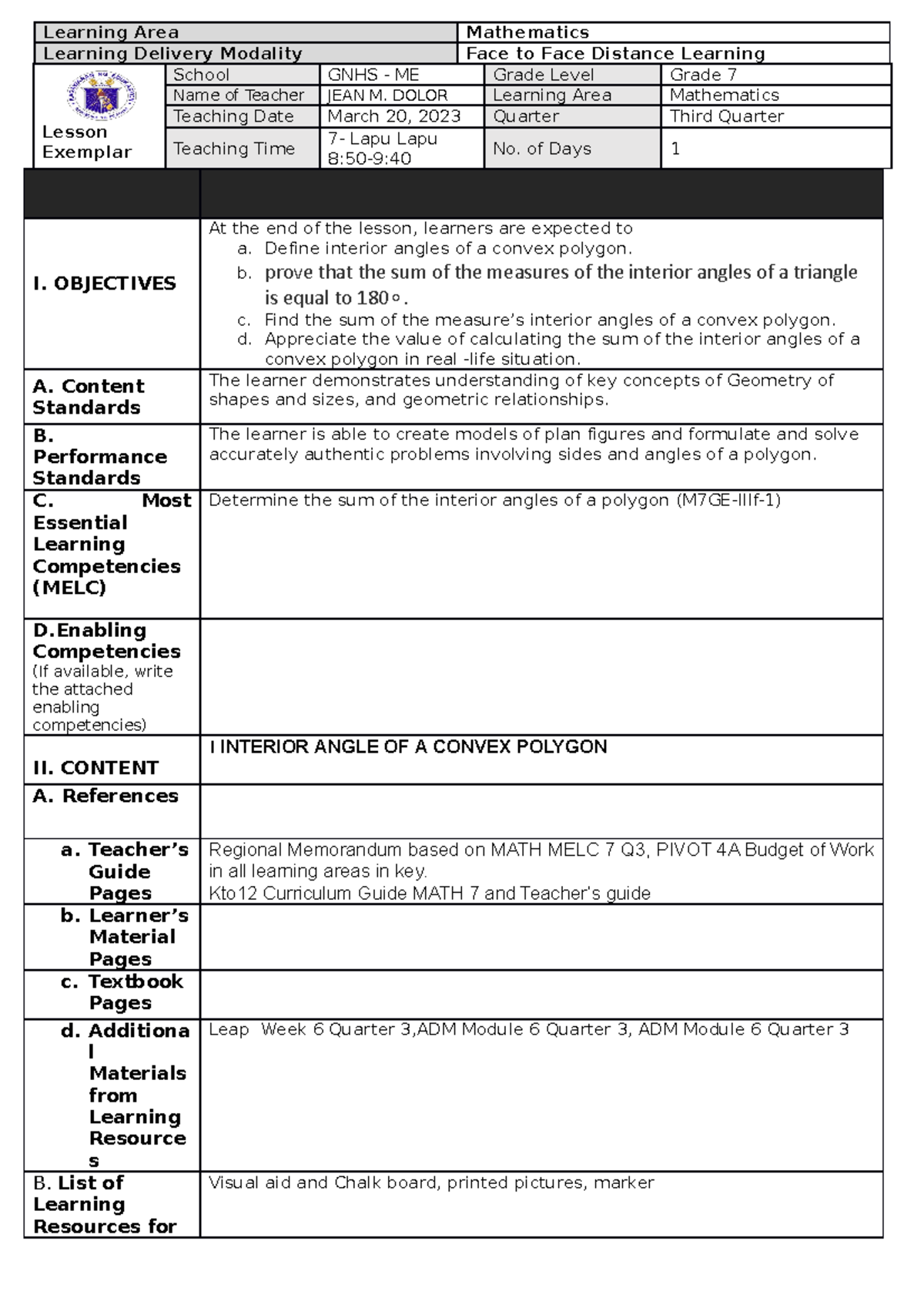 CO1 March 20 Dolor - LESSON EXEMPLAR - Learning Area Mathematics ...