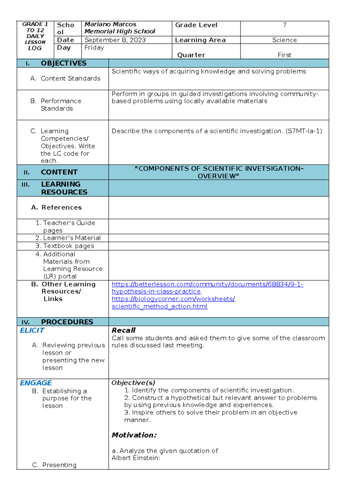 September 8- components of scientific investigation - GRADE 1 TO 12 ...