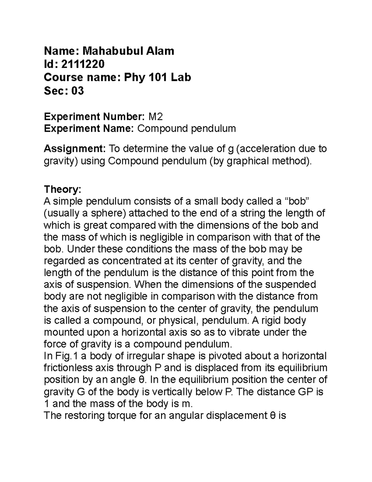Phy-lab-2 - Lab Report - Name: Mahabubul Alam Id: 2111220 Course name ...