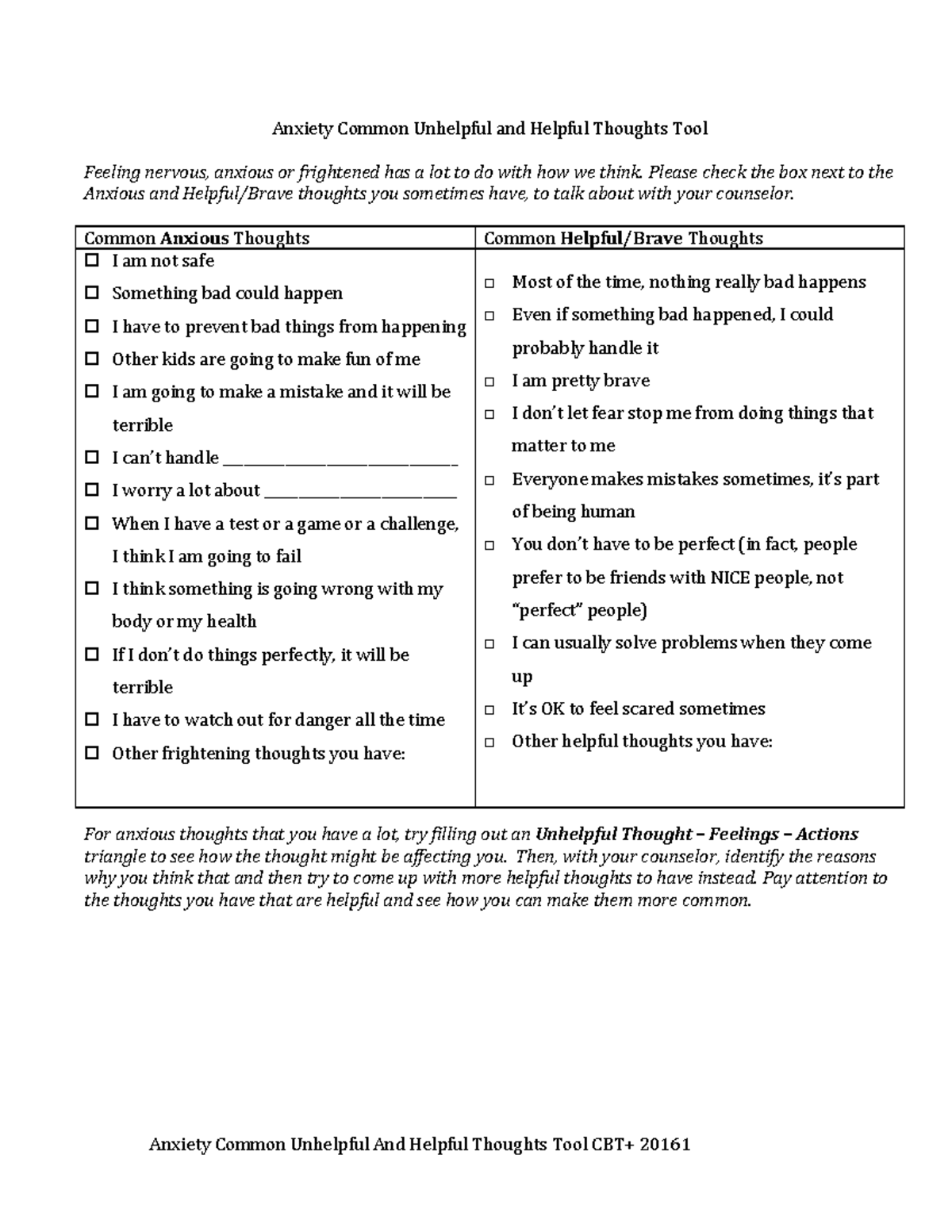 Anxiety Common Unhelpful Helpful Thoughts Tool - Please check the box ...