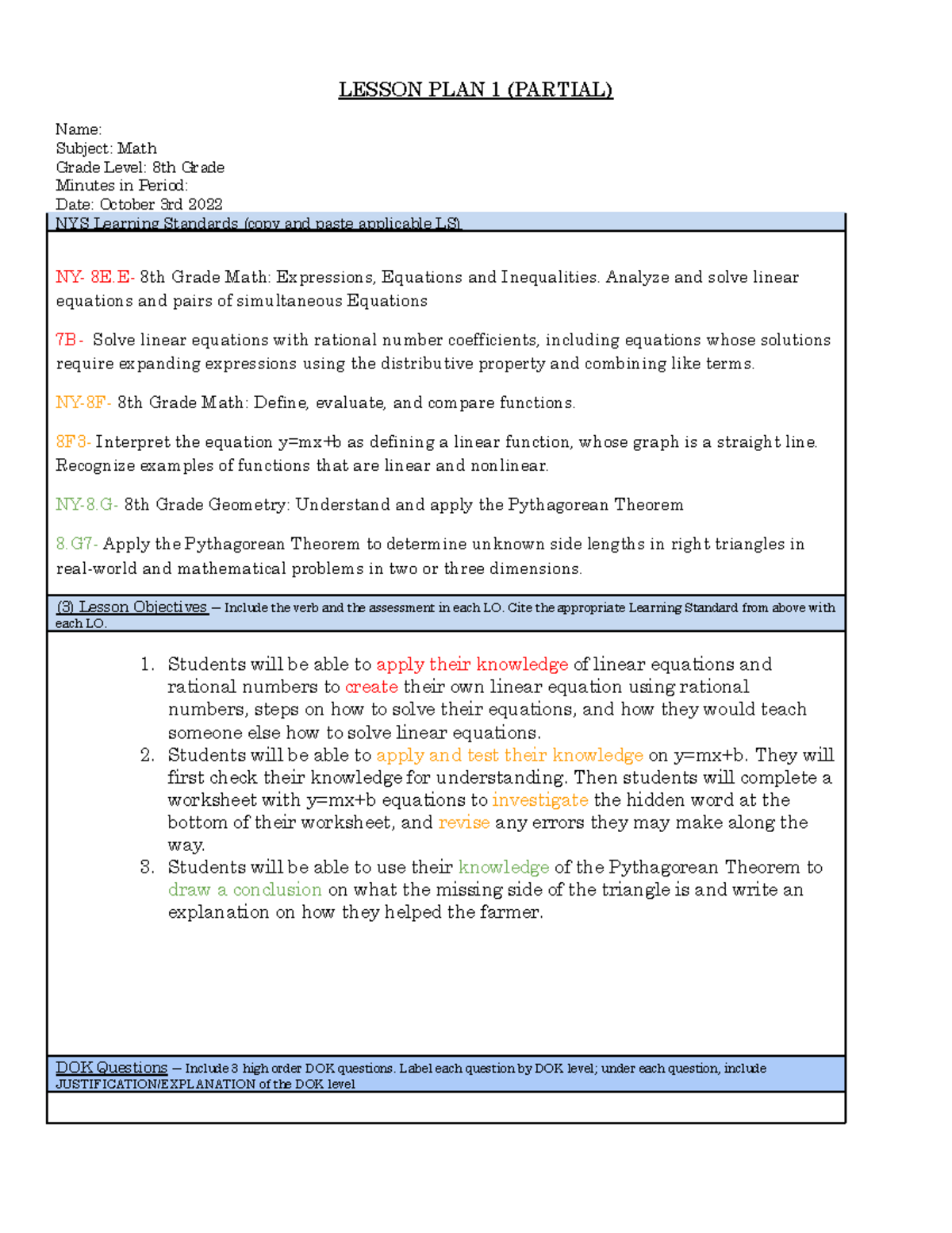 Template- Lesson Plan 1 Partial - LESSON PLAN 1 (PARTIAL) Name: Subject ...