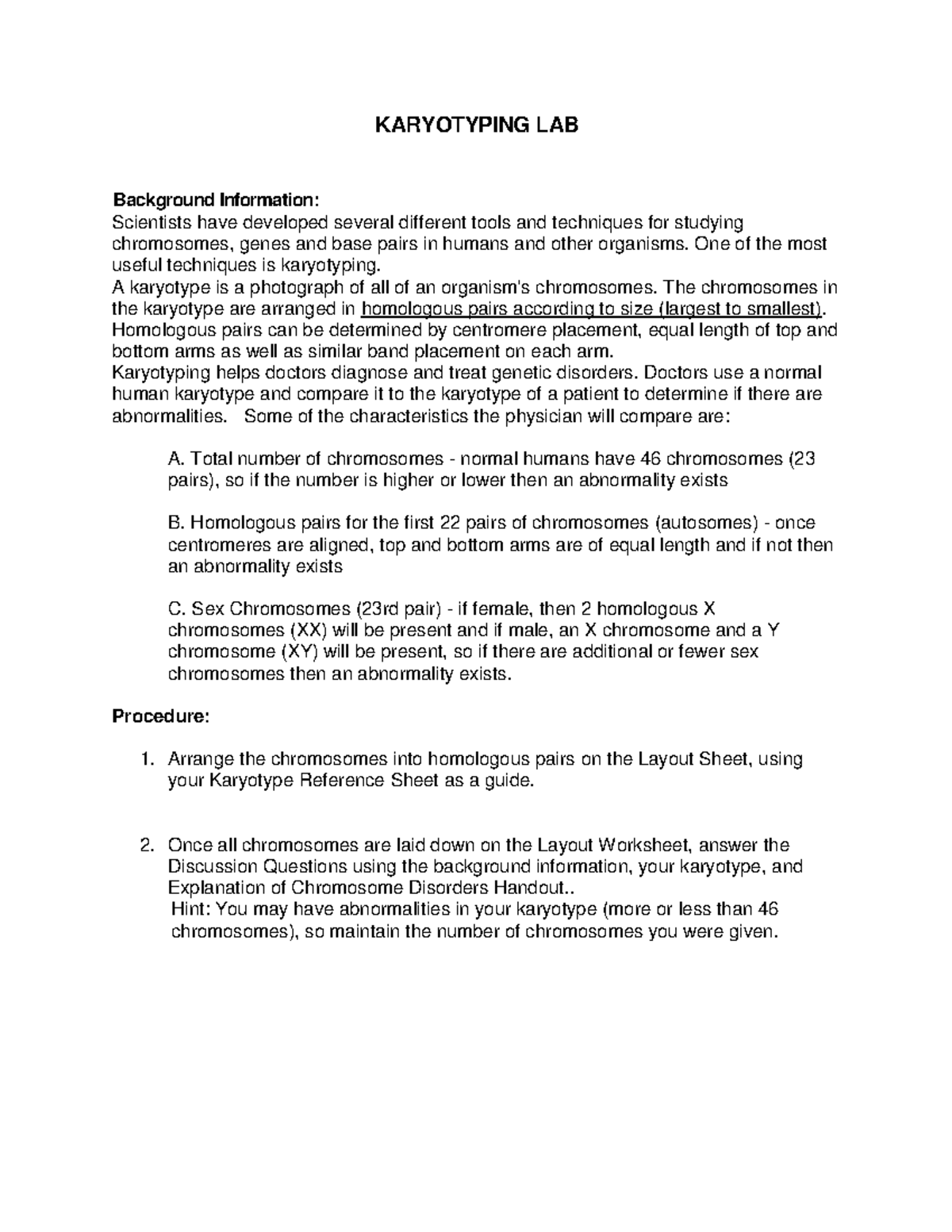 Lesson 3 Activity - DNA Karyotyping - KARYOTYPING LAB Background ...