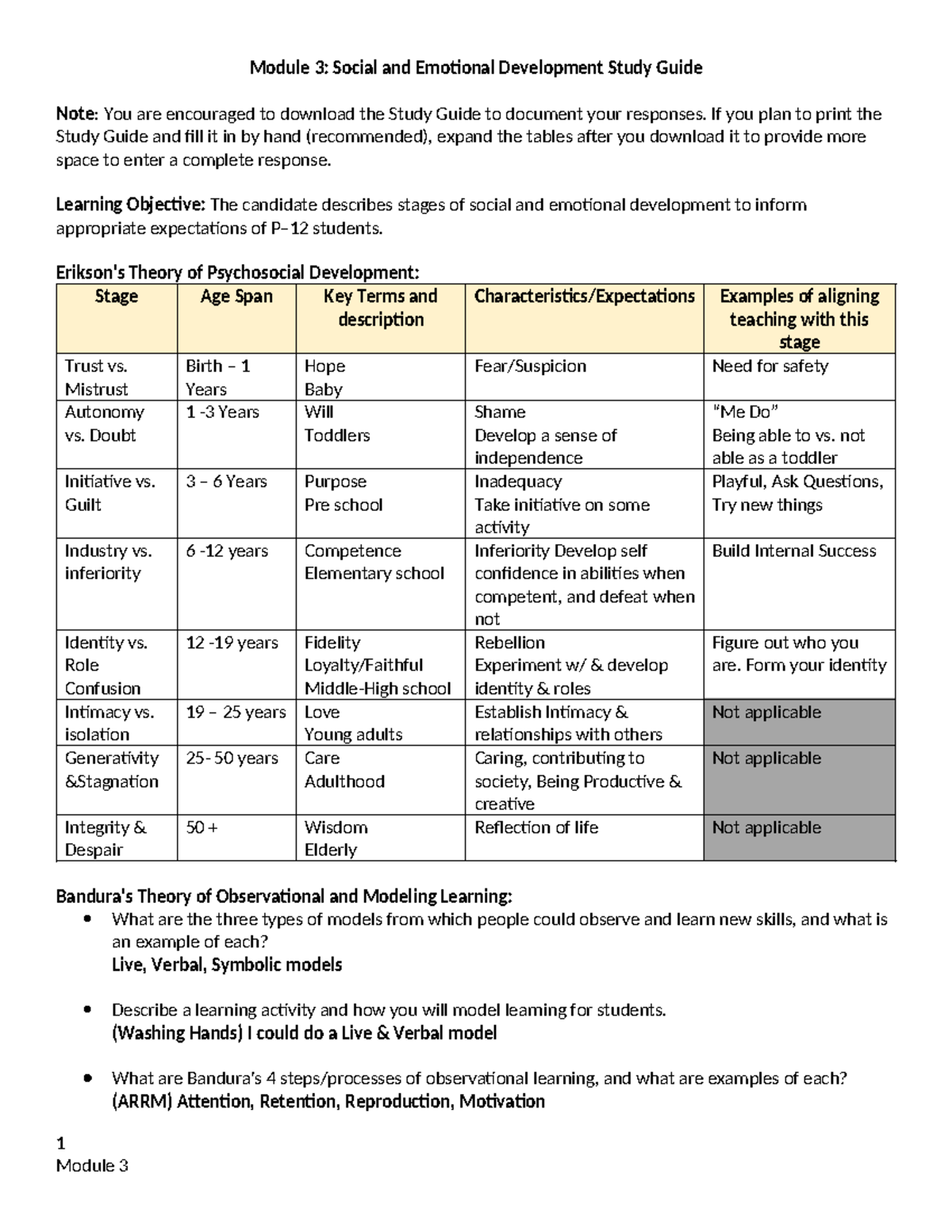 M3 study guide done - Module 3: Social and Emotional Development Study ...