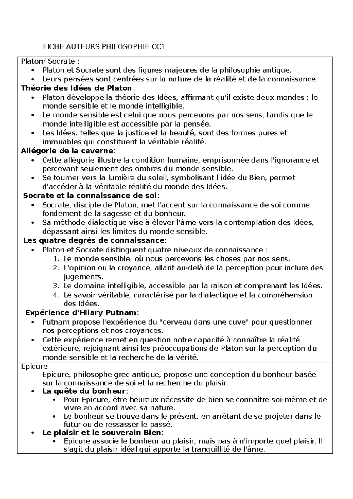 Fiche Auteurs Philosophie CC1 - FICHE AUTEURS PHILOSOPHIE CC Platon ...