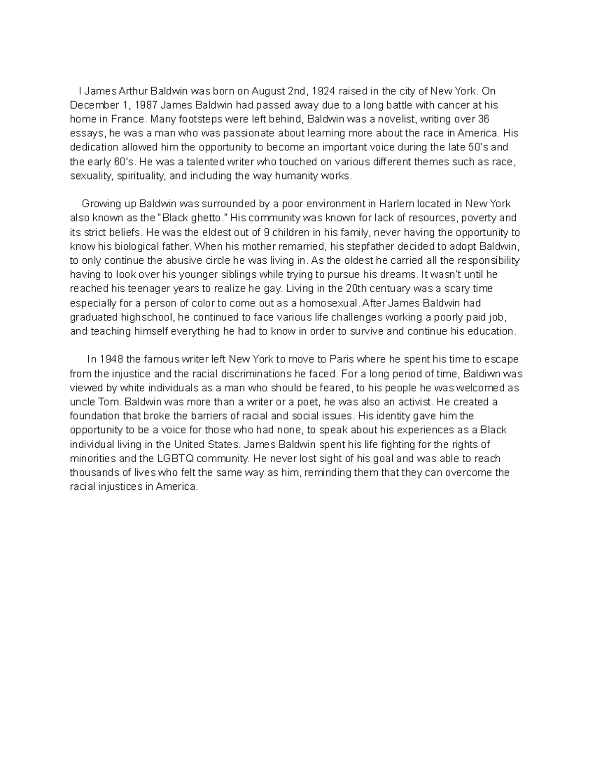 James Baldwin - assignment response - I James Arthur Baldwin was born ...