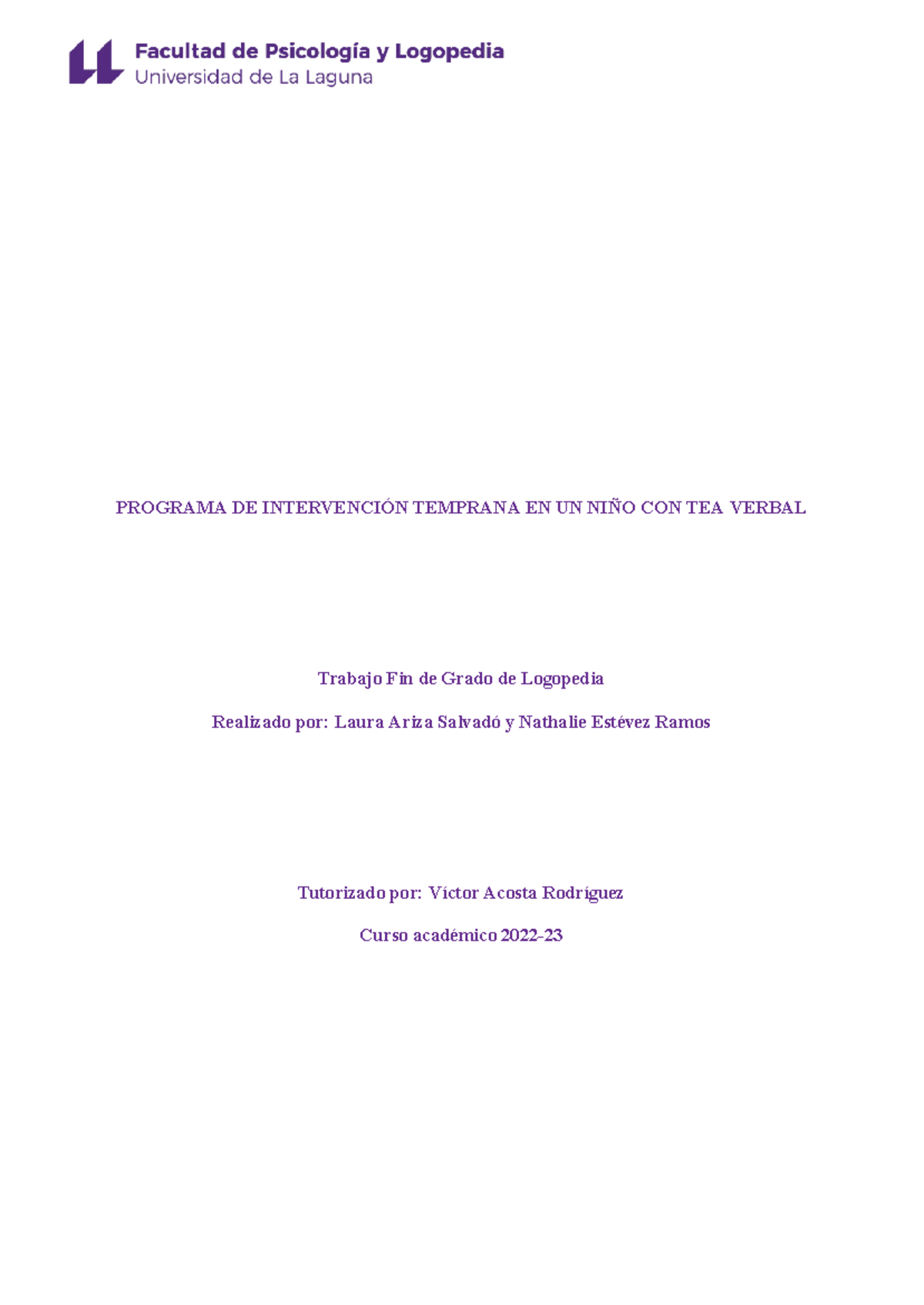 Programa de intervencion temprana en un nino con TEA verbal - PROGRAMA DE INTERVENCIÓN TEMPRANA ...