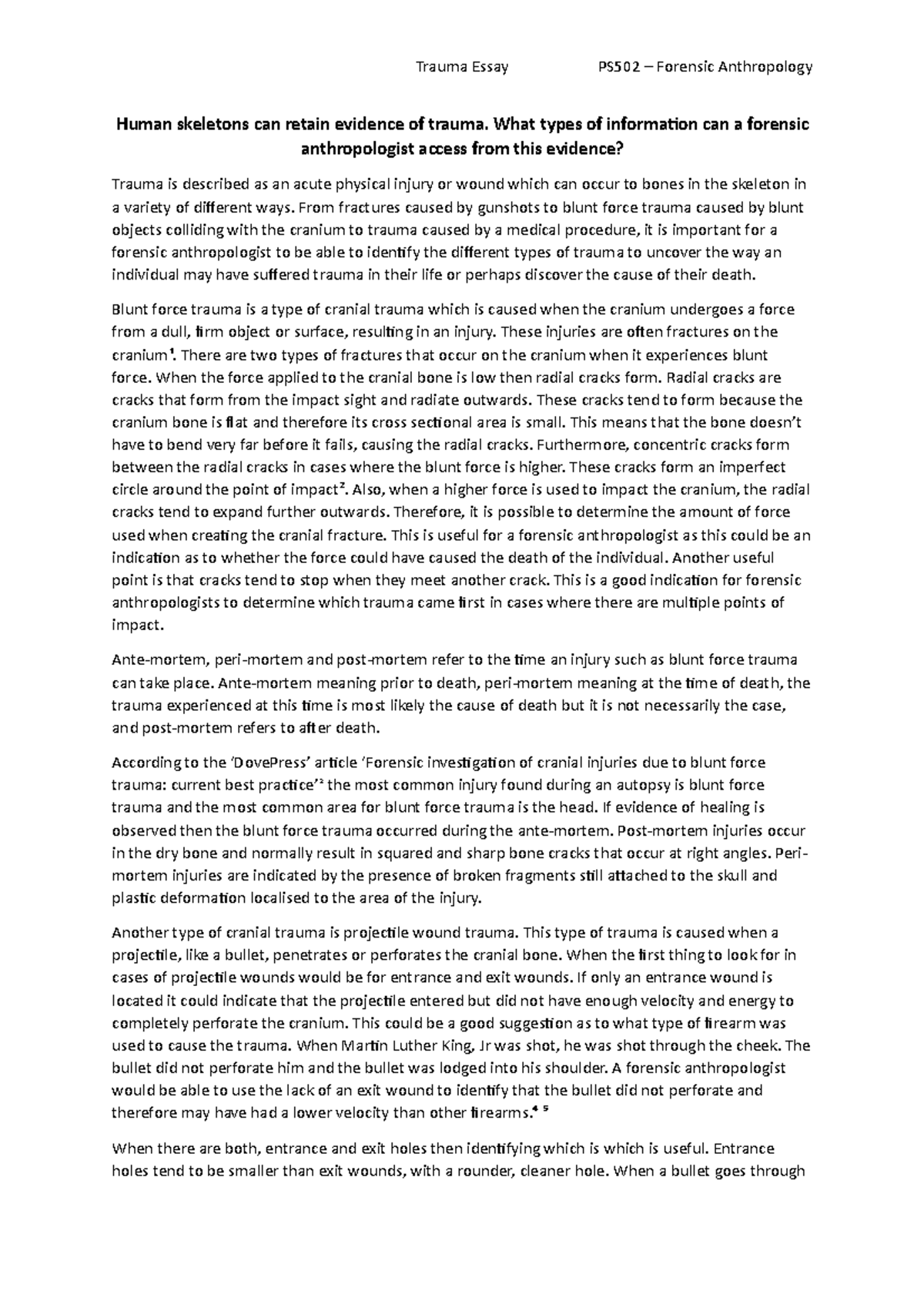 Trauma - Grade: 88% - Trauma Essay PS502 – Forensic Anthropology Human ...