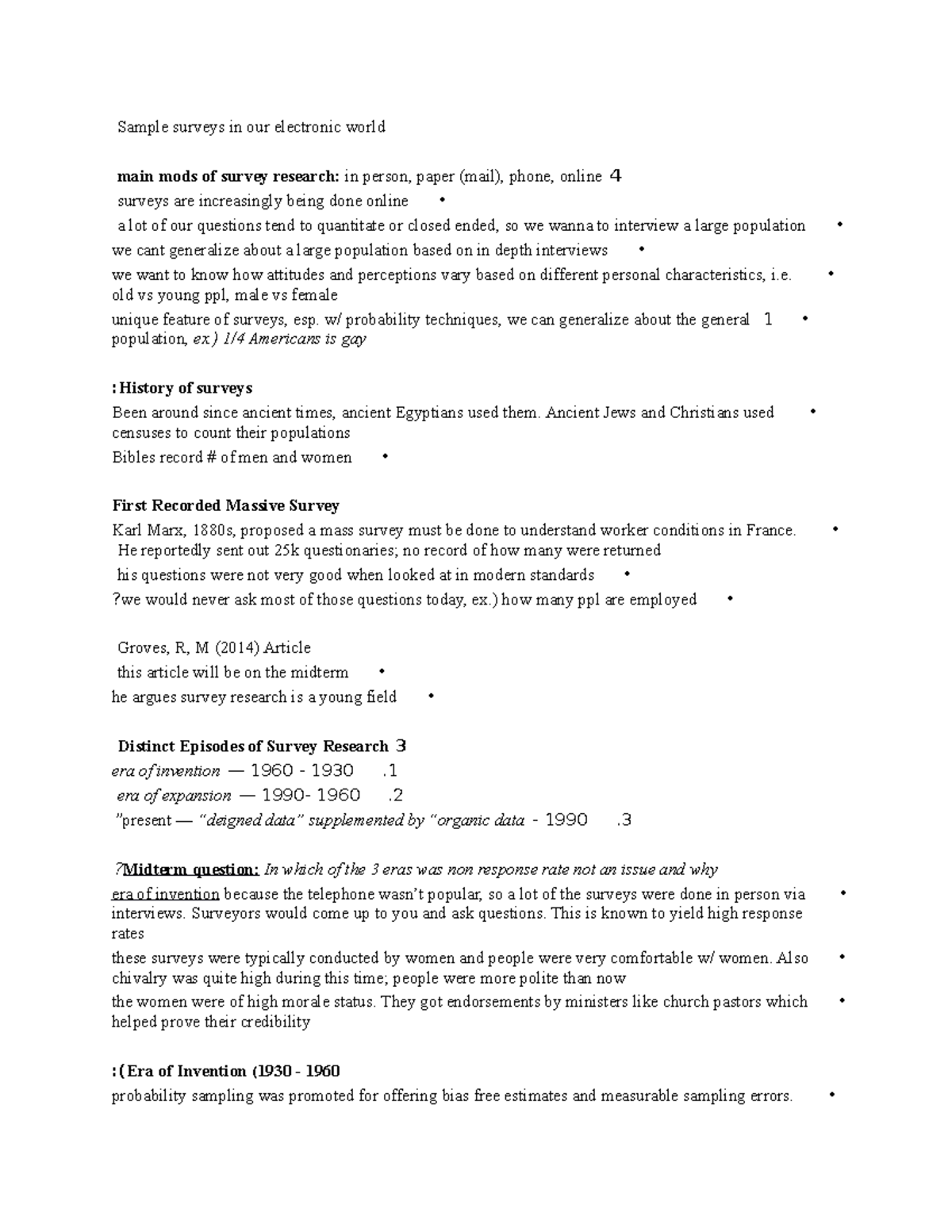 Chapter 1 notes - Sample surveys in our electronic world 4 main mods of ...