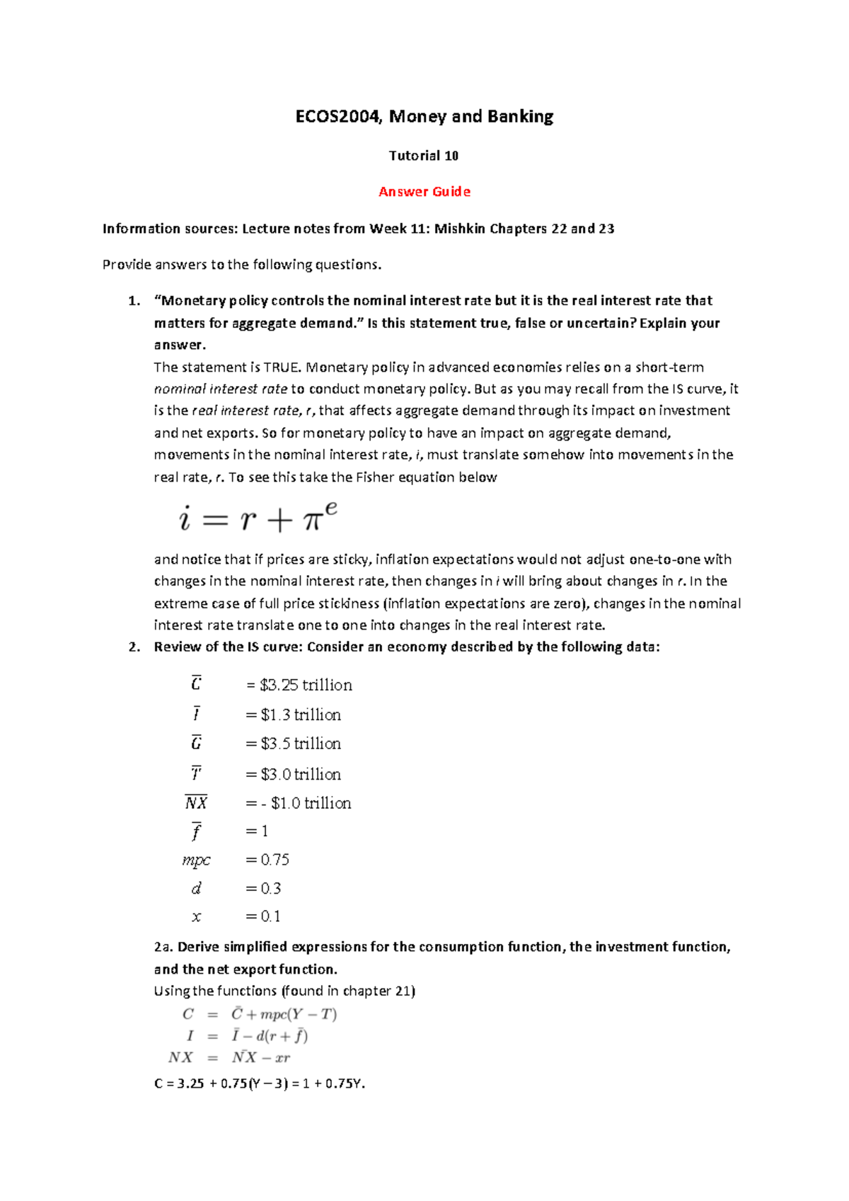 Tutorial 10 Answer Guide - ECOS2004, Money and Banking Tutorial 10 Answer Guide Information ...