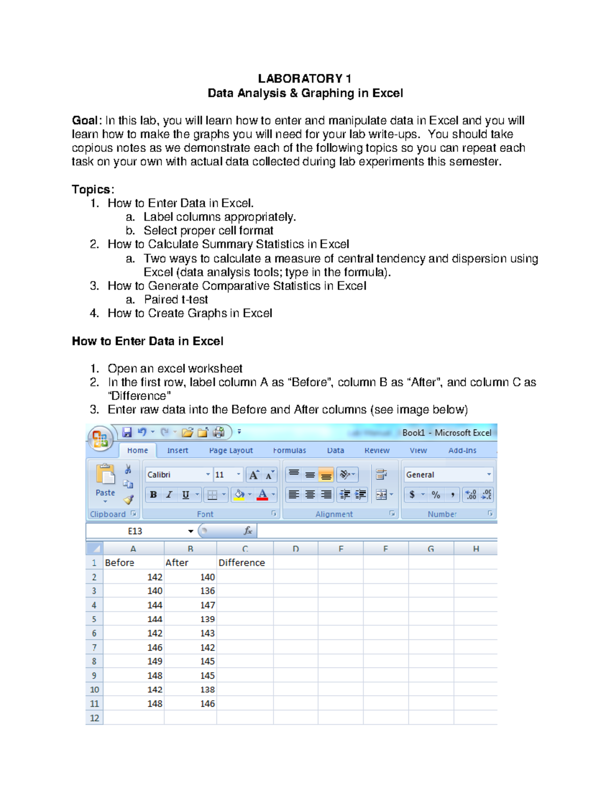 Lab 1 using excel - Animal Physiology BIOL 3150 - LABORATORY 1 Data ...