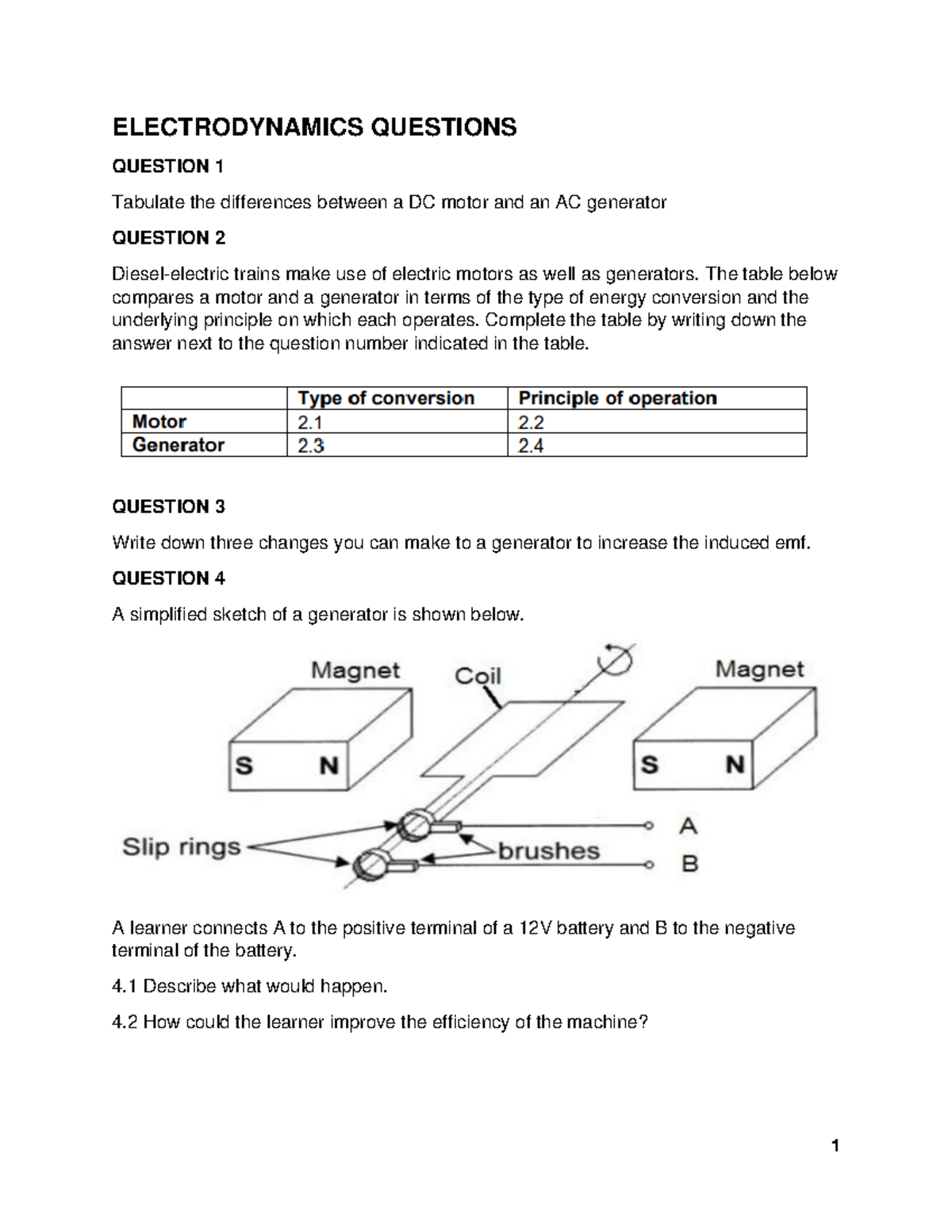 Electrodynamics Simple Activities - ELECTRODYNAMICS QUESTIONS QUESTION ...