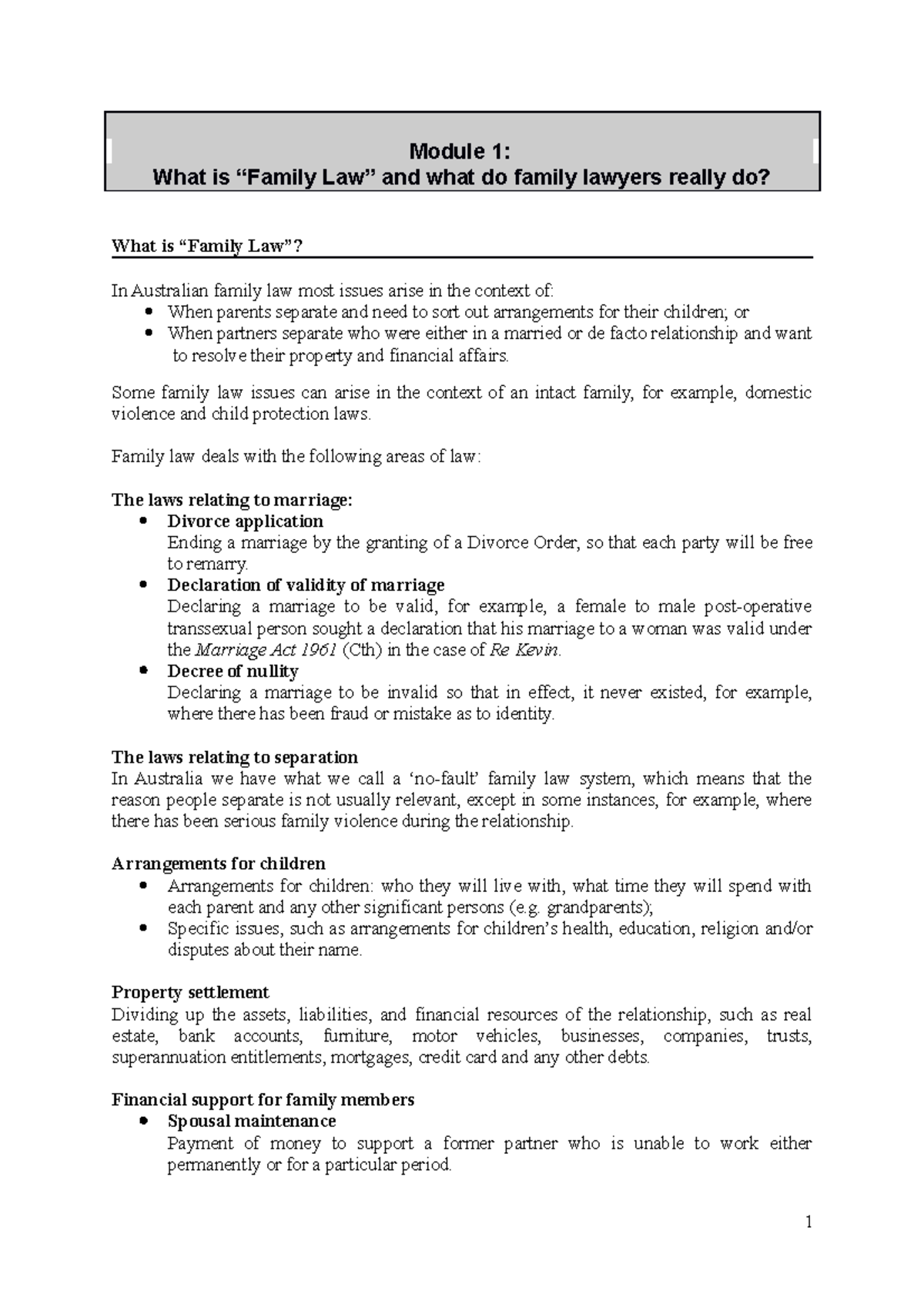 1. Outline - Tutorial work - Module 1: What is “Family Law” and what do ...