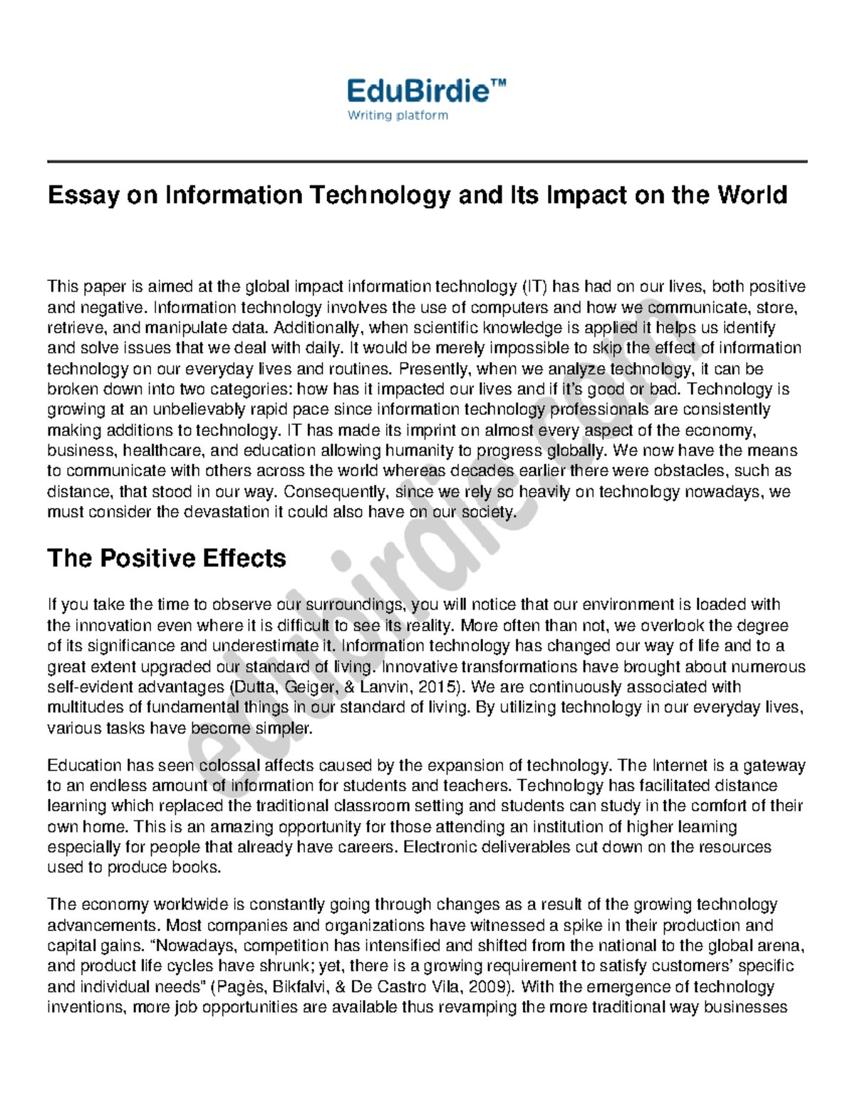 Essay on Information Technology and Its Impact on the World ...