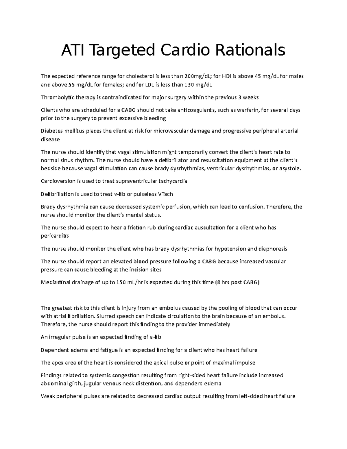 NSG 210 ATI Targeted Cardio Rationals - ATI Targeted Cardio Rationals ...