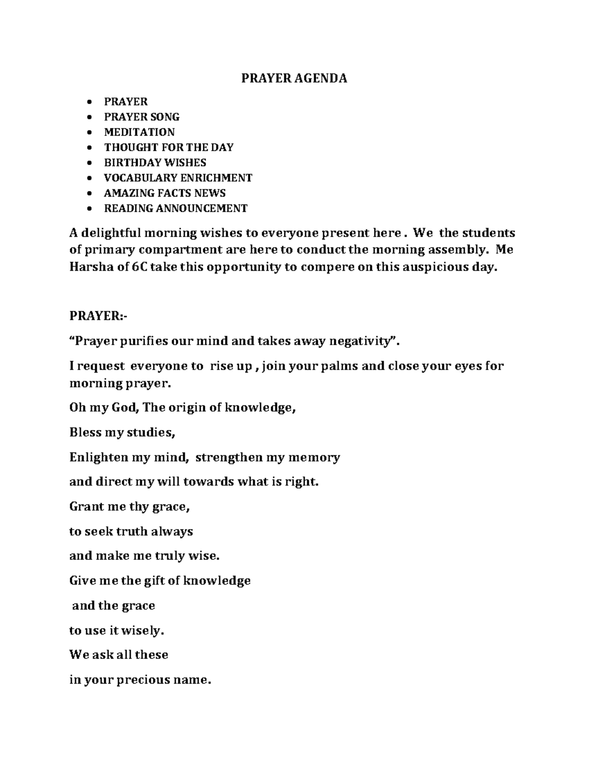 School prayer compereing - PRAYER AGENDA PRAYER PRAYER SONG MEDITATION ...