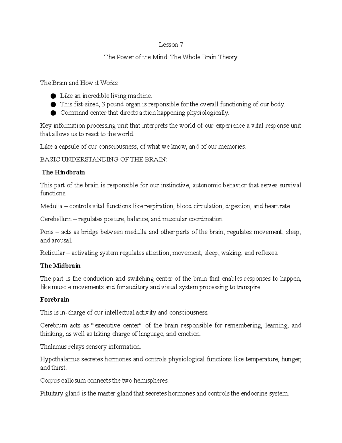 Lesson 7 - Lesson 7 The Power of the Mind: The Whole Brain Theory The ...