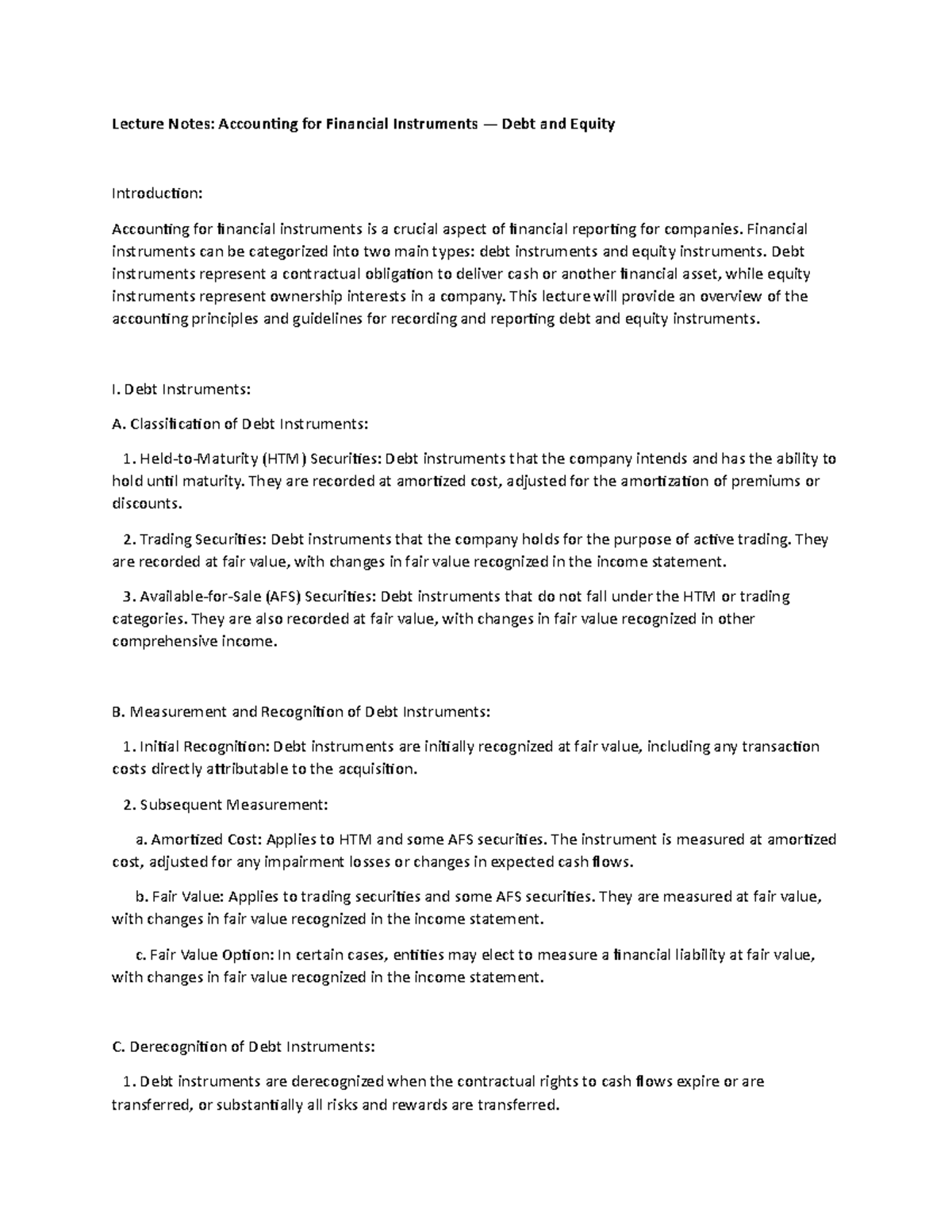 Lecture Notes: Accounting for Financial Instruments — Debt and Equity ...