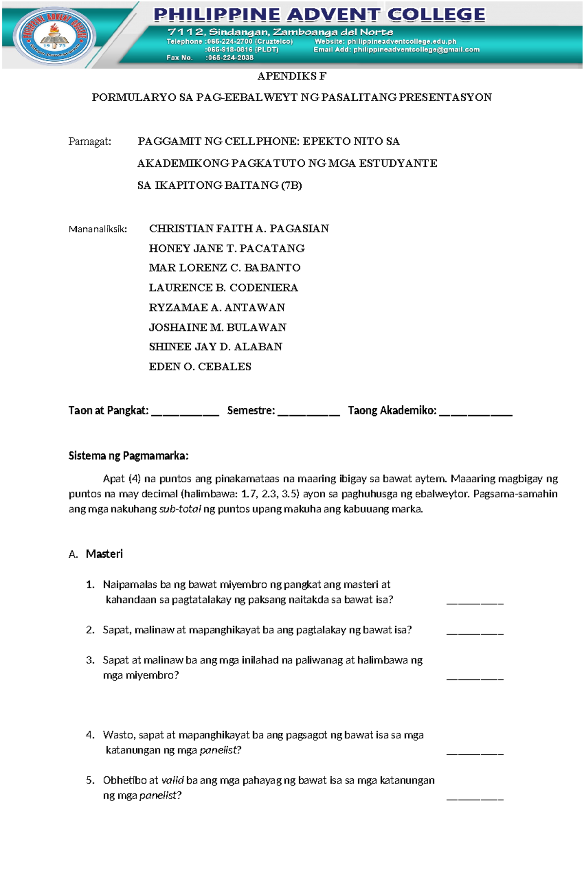 Apendiks F - APENDIKS F PORMULARYO SA PAG-EEBALWEYT NG PASALITANG ...