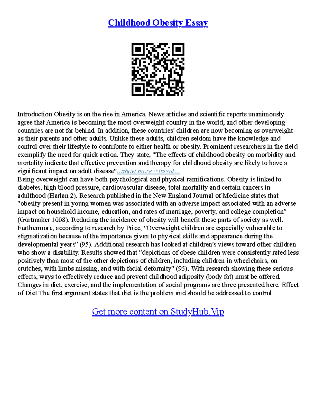 Child Obesity Essay - Childhood Obesity Essay Introduction Obesity is ...