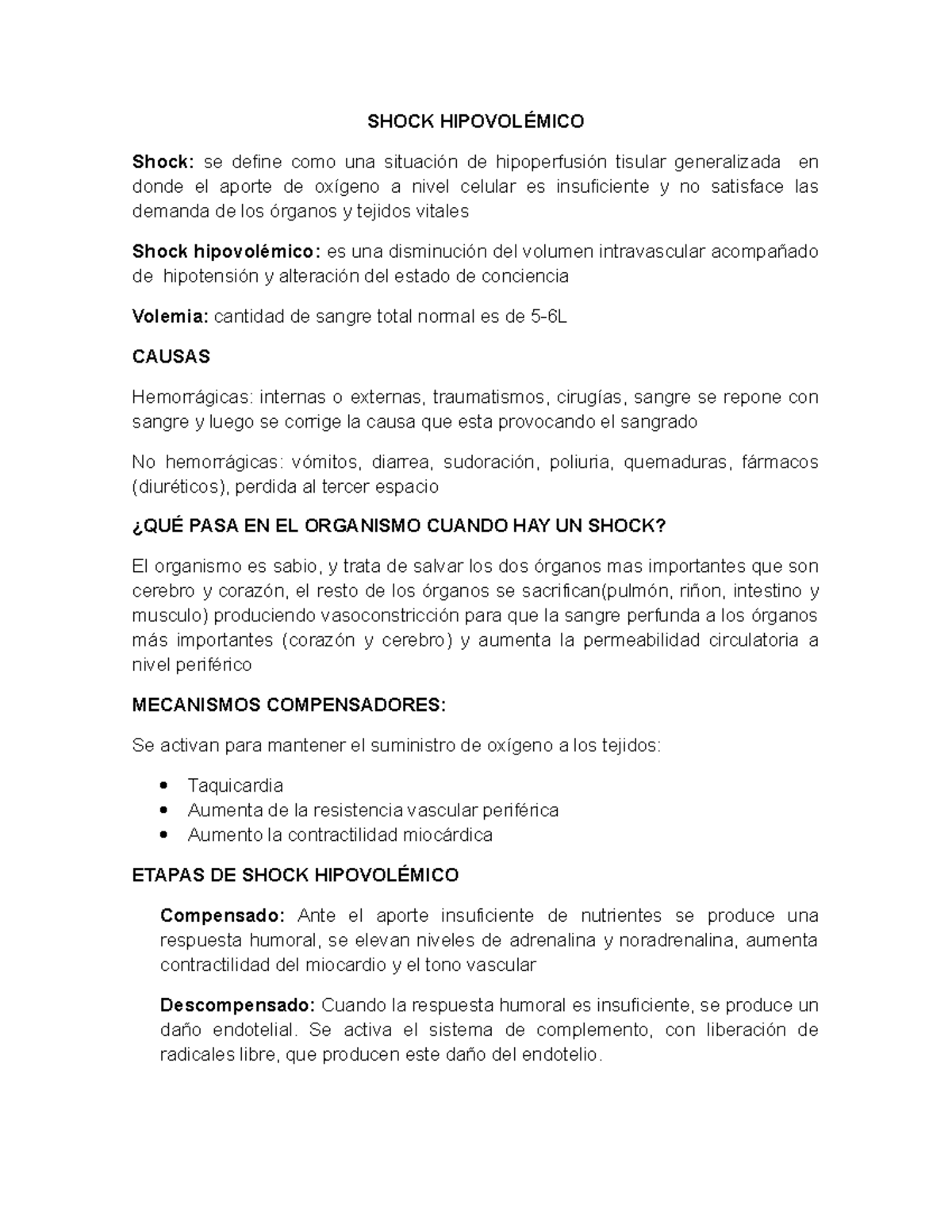 Shock hipovolemico y les de todo un poco - SHOCK HIPOVOLÉMICO Shock: se ...